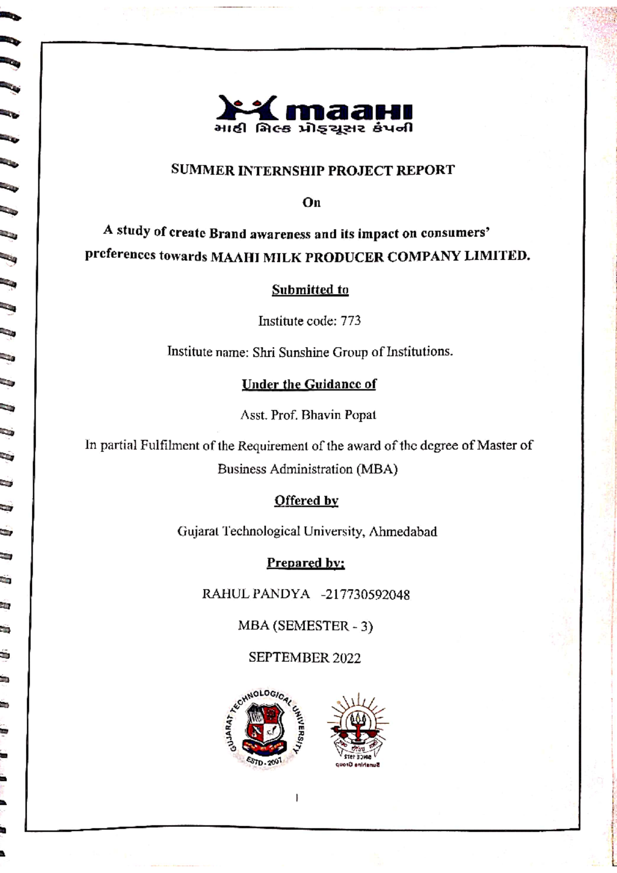 SIP Project For MBA - MAaHI HIA BICS suon SUMMER INTERNSHIP PROJECT ...