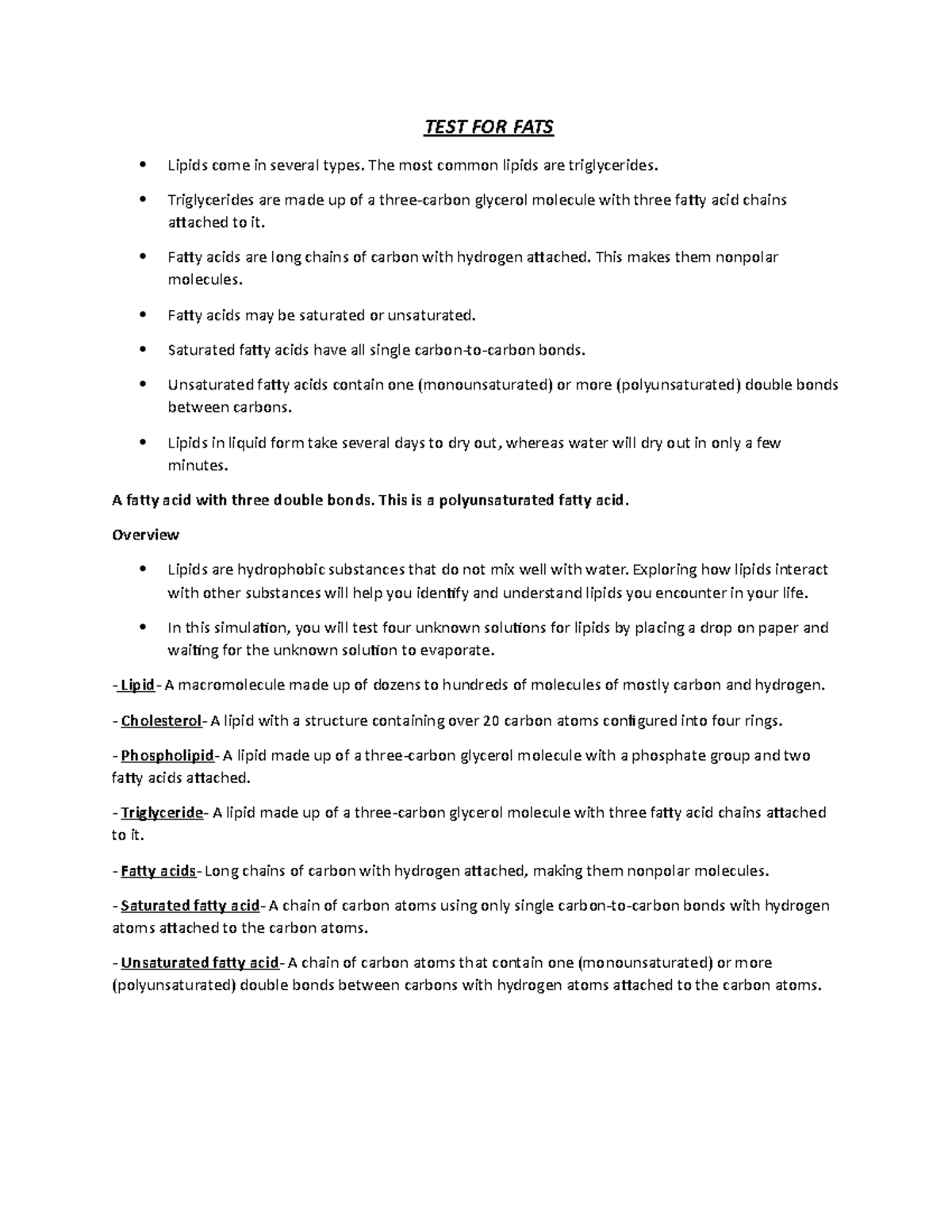 Gen Bio Lab Notes Lipids,proteins - TEST FOR FATS Lipids come in ...