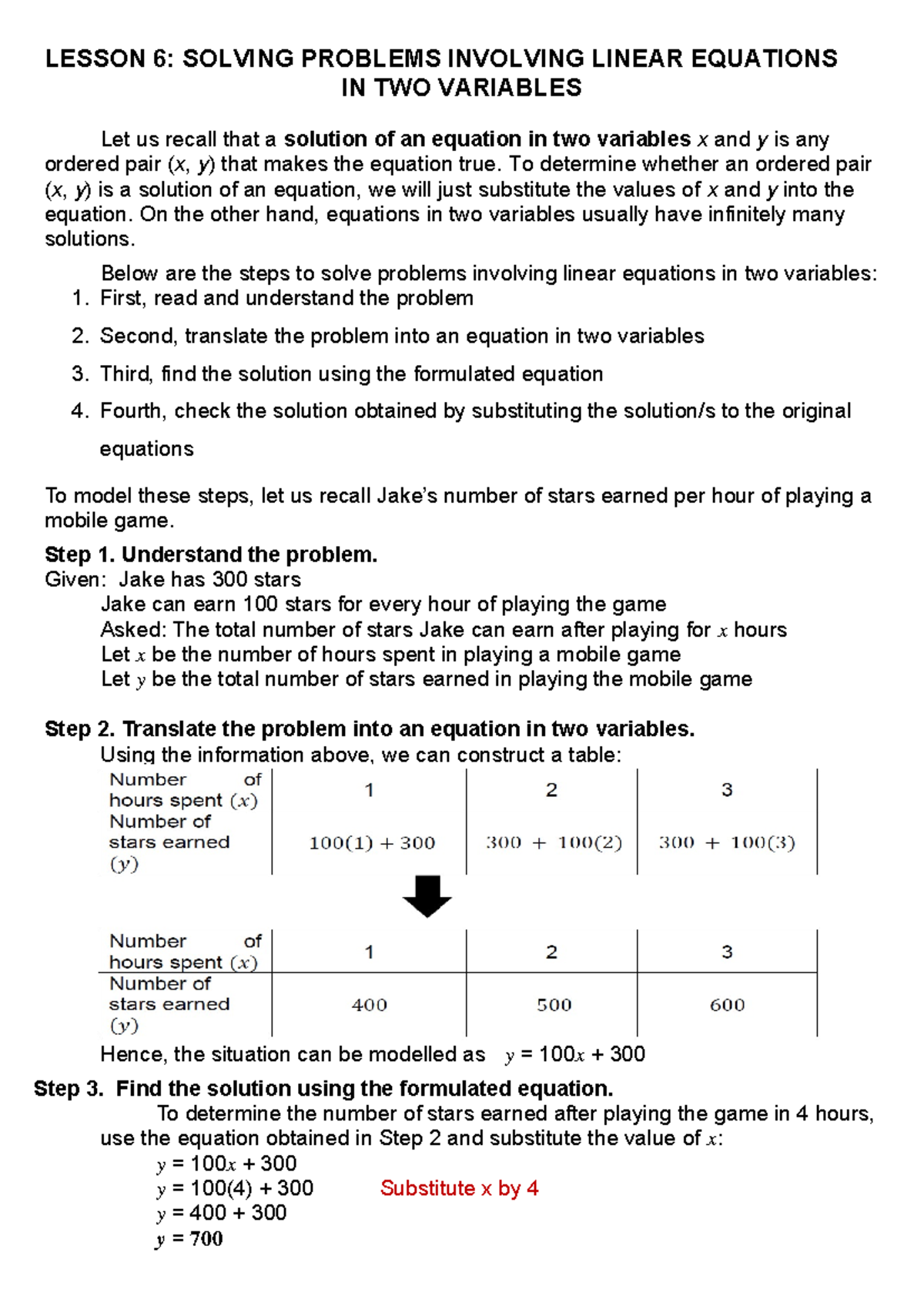 Solving Problems Involving Linear - LESSON 6: SOLVING PROBLEMS ...