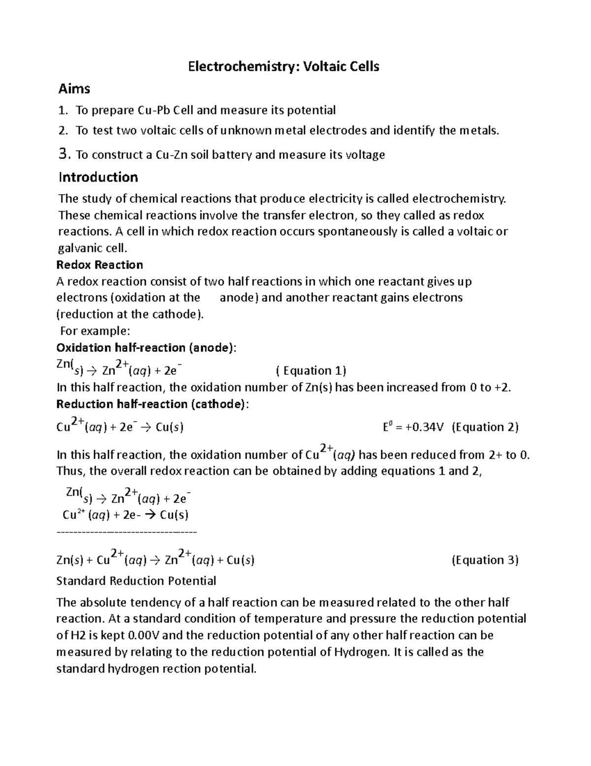 Electrochemistry Voltaic Cells - Electrochemistry: Voltaic Cells Aims 1 ...