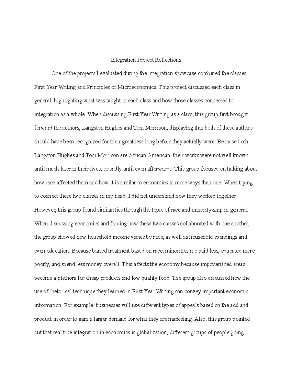 Integration reflection - Integration Project Reflections One of the projects I evaluated during ...