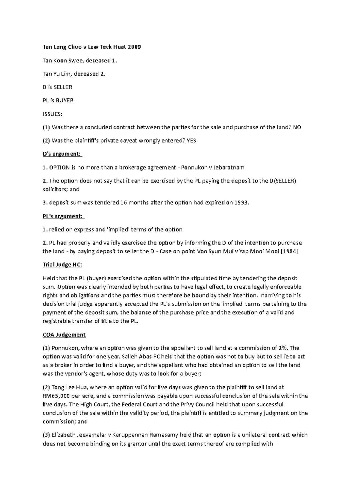 Tan Leng Choo v Law Teck Huat 2009 summary - Tan Leng Choo v Law Teck ...