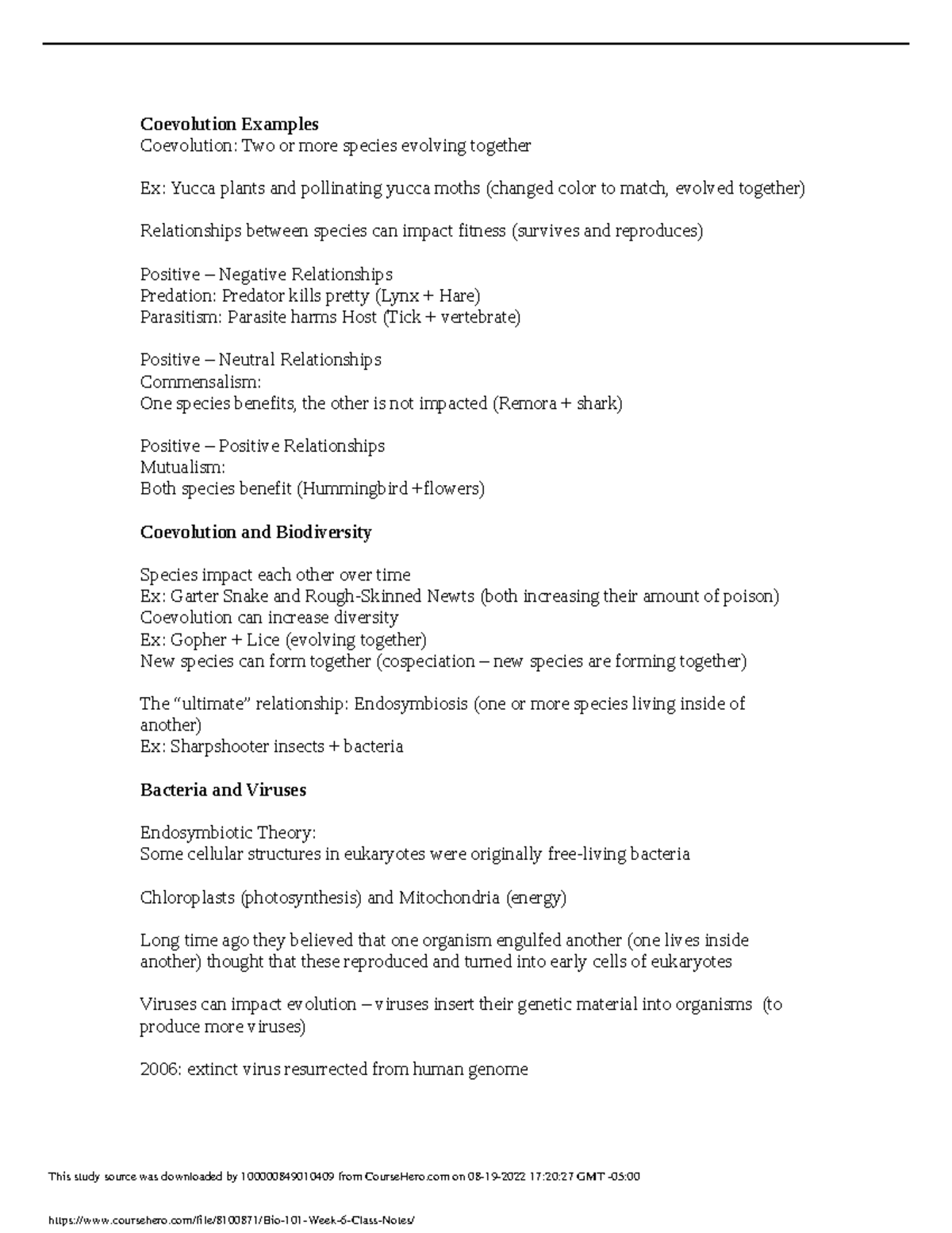 Bio 101 Week 6 Class Notes - Coevolution Examples Coevolution: Two or ...