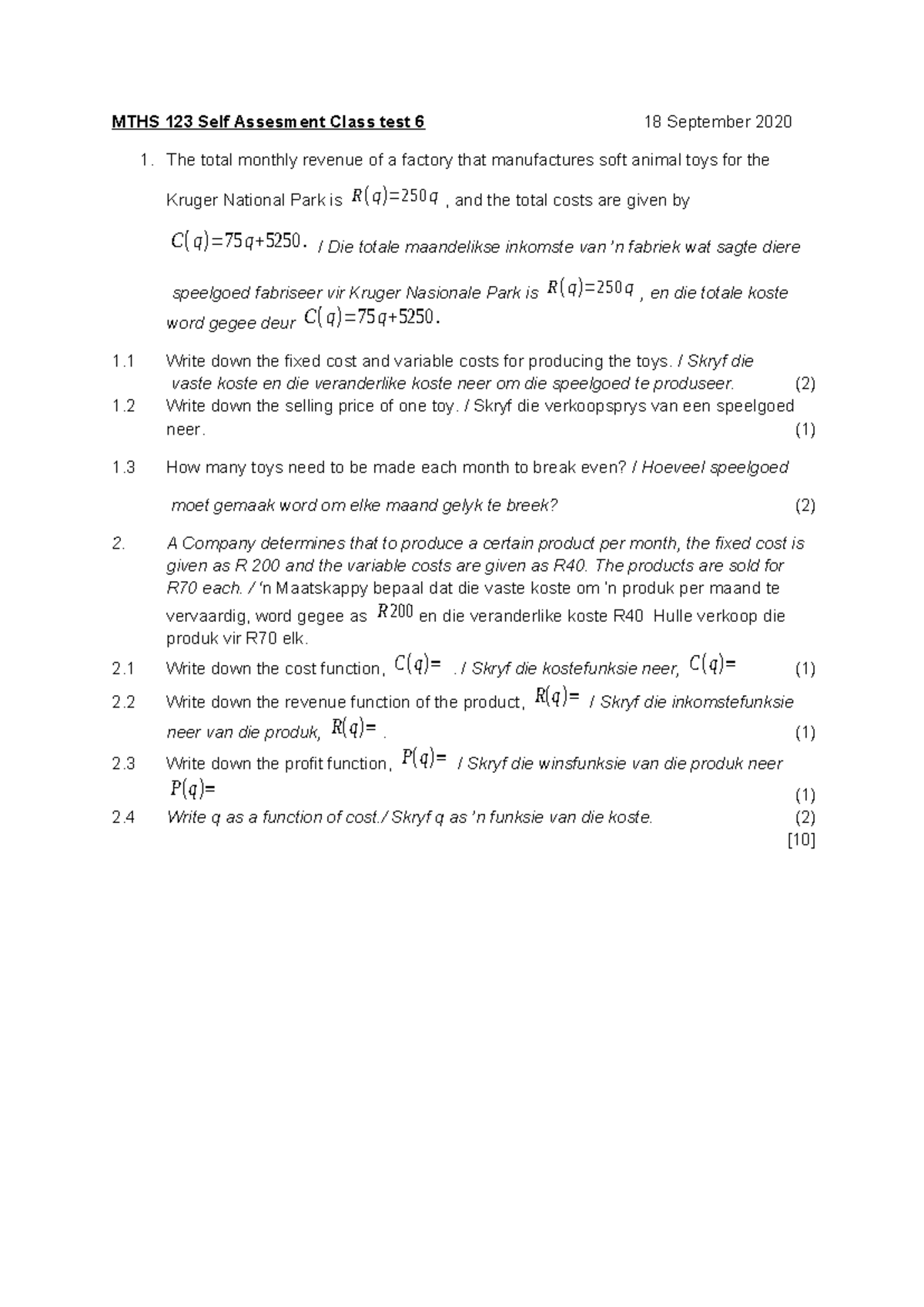 MTHS 123 Self assesment Class test 6 SU 2.3.3 25 Sept - MTHS 123 Self ...