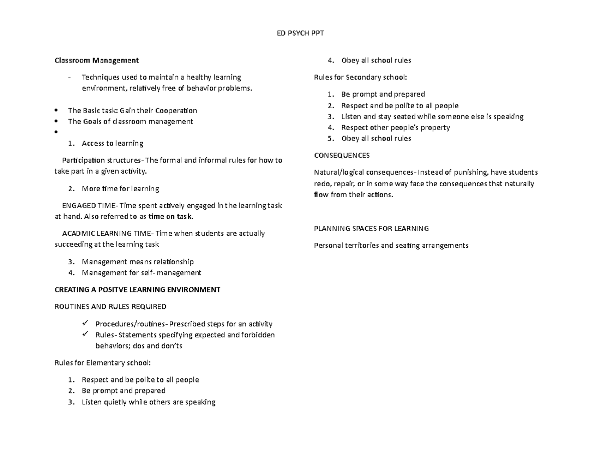 ED Psych (PPT) - ED PSYCH PPT Classroom Management Techniques used to ...