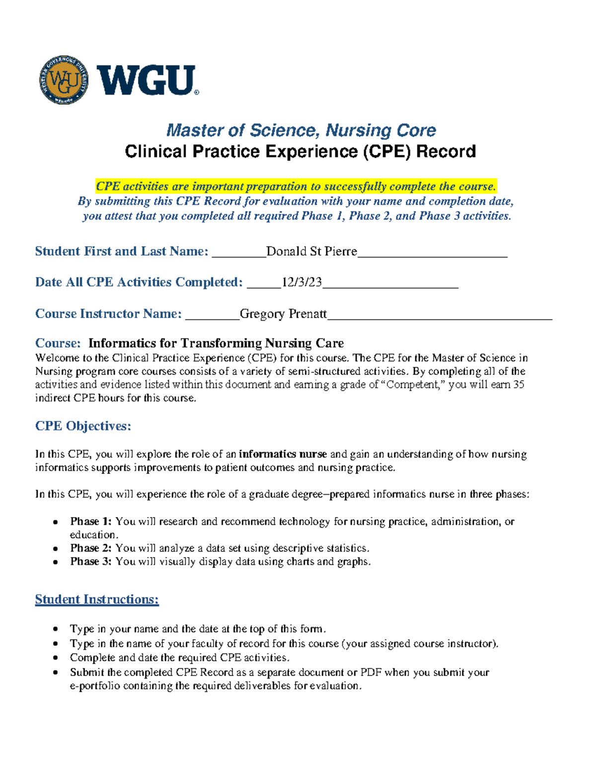 CPE Record DO29 - Master of Science, Nursing Core Clinical Practice ...