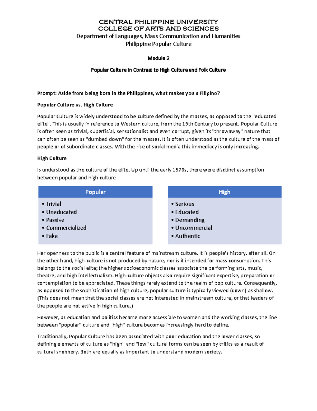 CE Arts Lesson 2 - CENTRAL PHILIPPINE UNIVERSITY COLLEGE OF ARTS AND ...