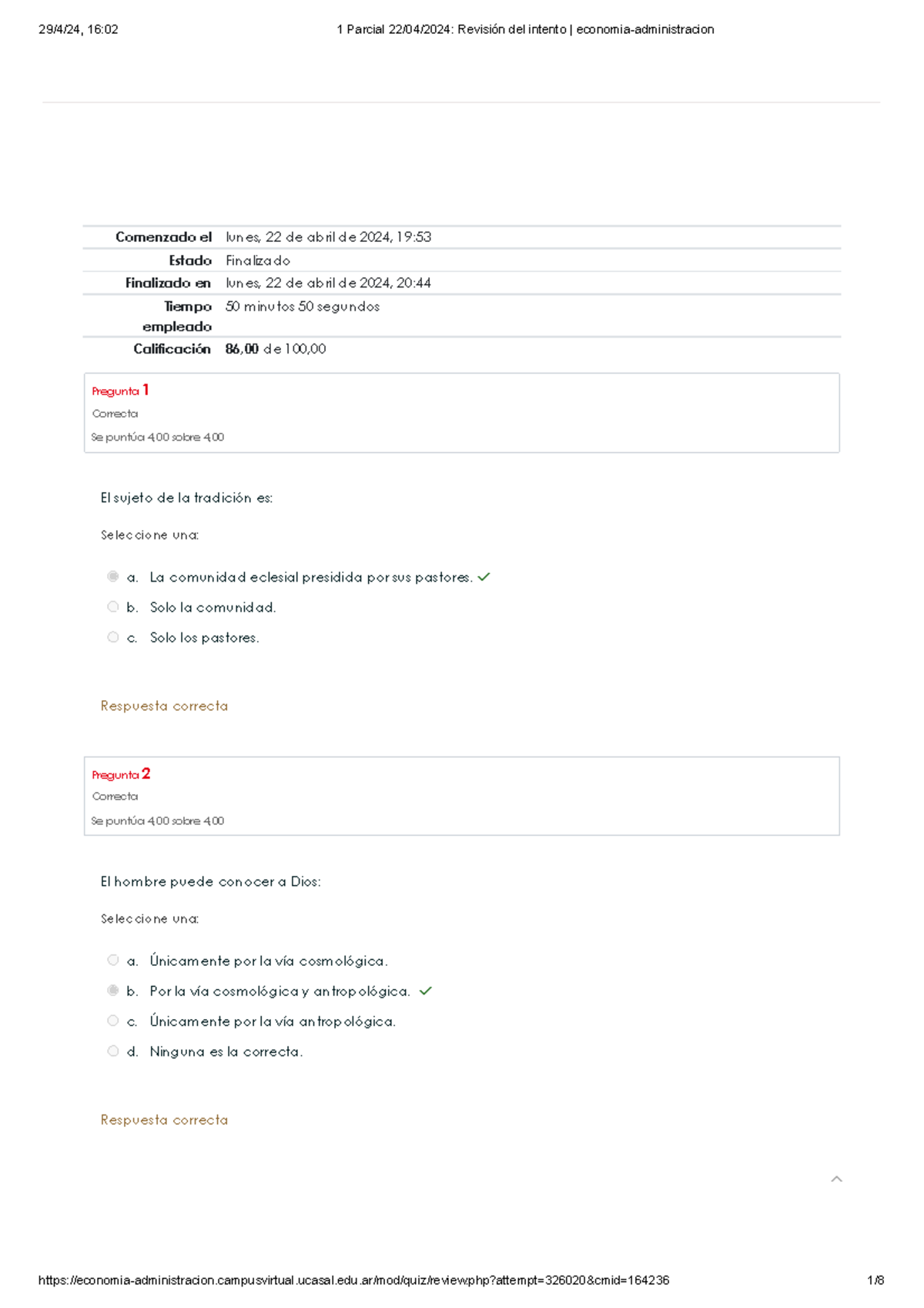 1 Parcial 22 04 2024 Revisión del intento economia-administracion - Comenzado el lunes, 22 de ...