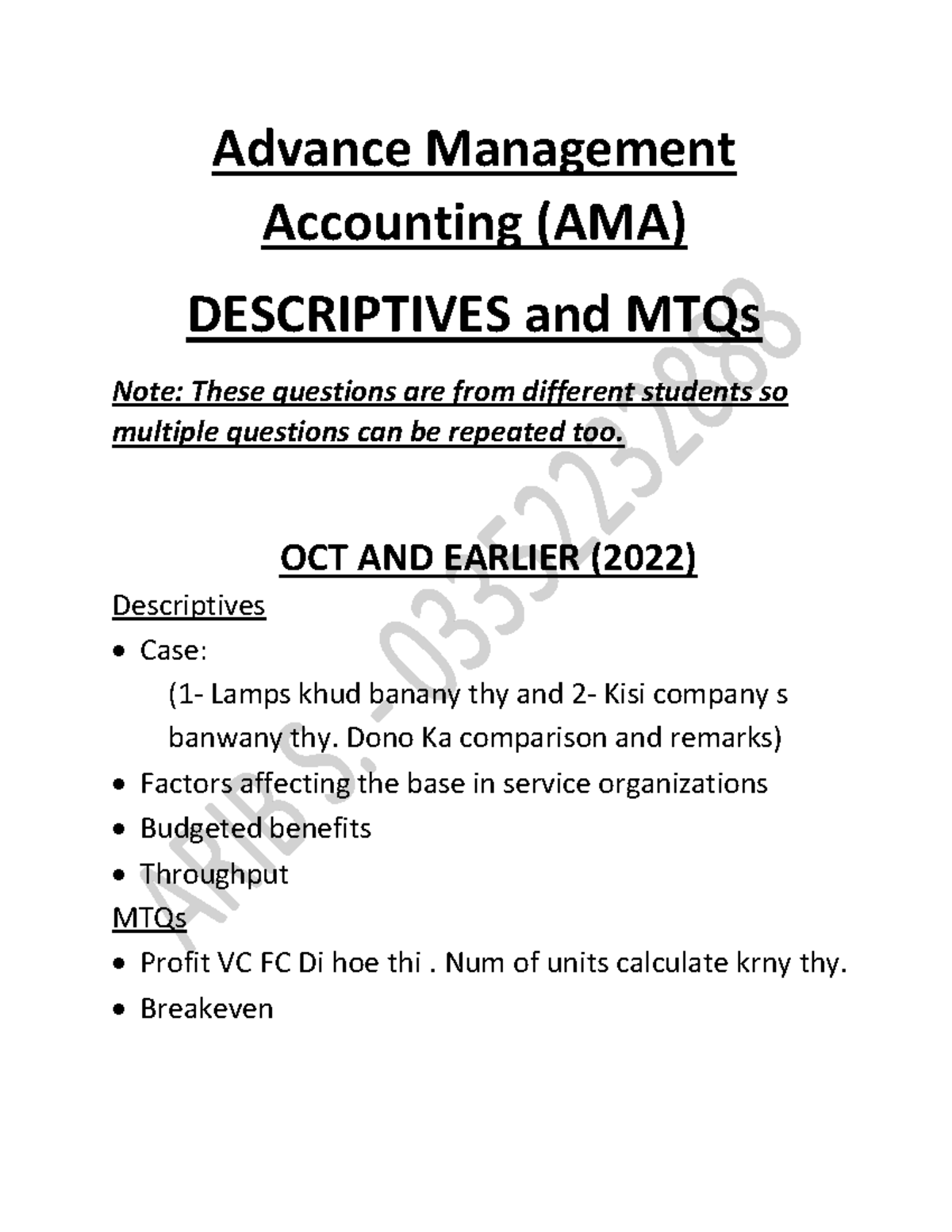 PP Descriptives-AMA - Notes - Advance Management Accounting (AMA ...