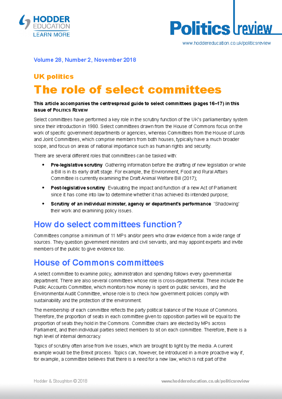 UK Select committees - Volume 28, Number 2, November 2018 UK politics ...