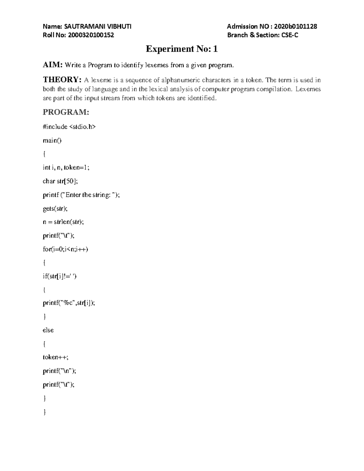 Vibhu cd files - N/A - Roll No: 2000320100152 Branch & Section: CSE-C ...