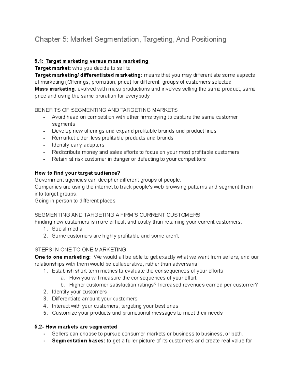 MKT Midterm 2 Lecture Notes - Chapter 5: Market Segmentation, Targeting ...