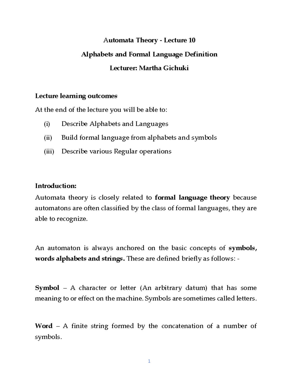 Automata Theory Lecture 10 - Automata Theory - Lecture 10 Alphabets and ...