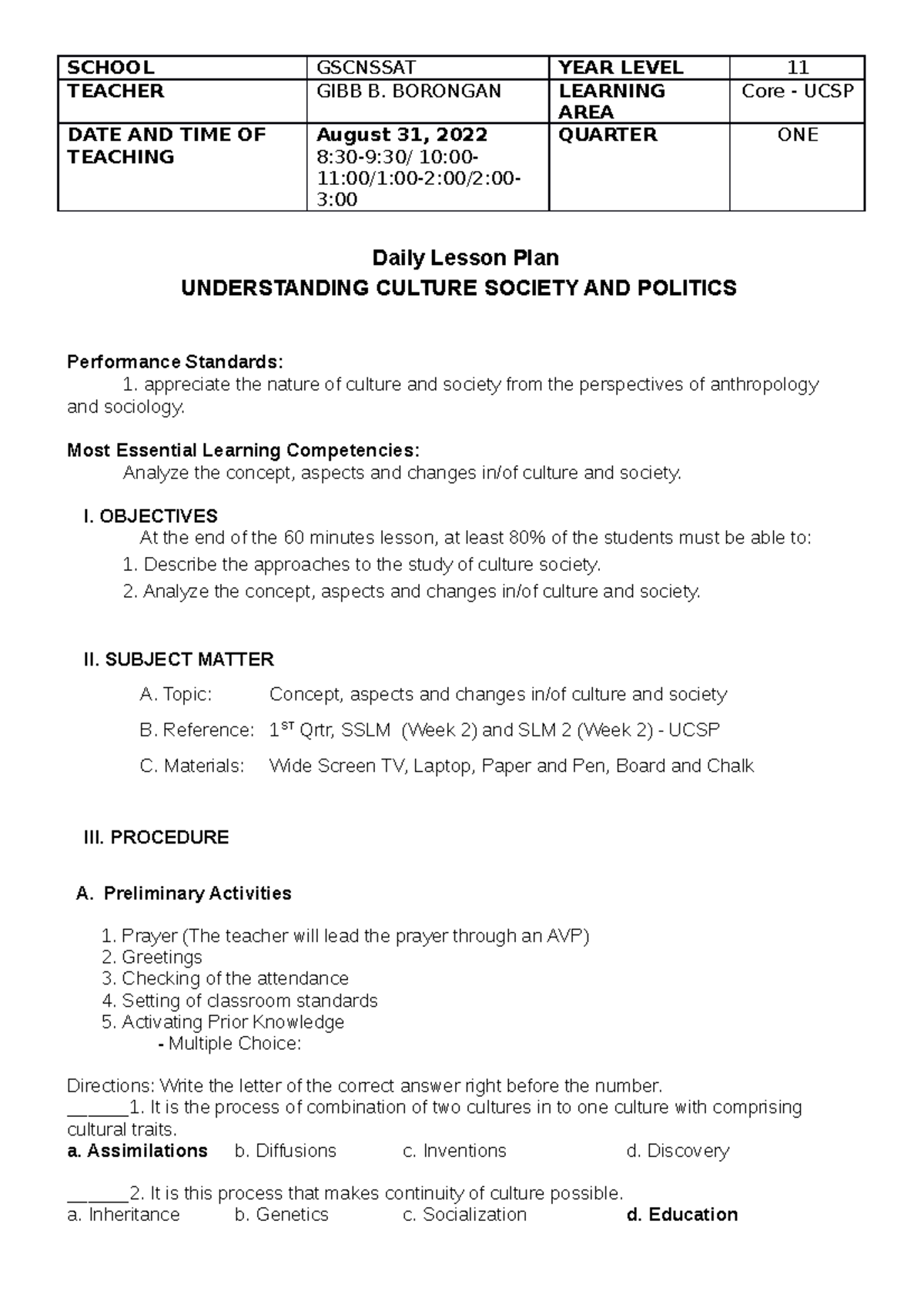 Day 6 Lesson Plan in UCSP - SCHOOL GSCNSSAT YEAR LEVEL 11 TEACHER GIBB ...