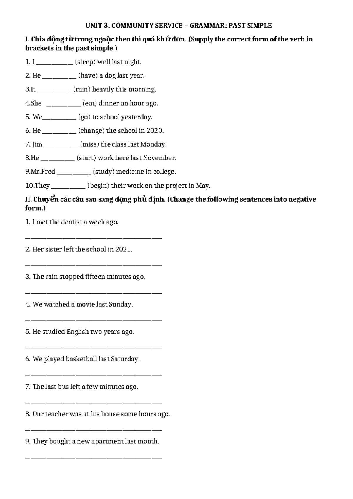 PAST Simple G7 - UNIT 3: COMMUNITY SERVICE – GRAMMAR: PAST SIMPLE I ...