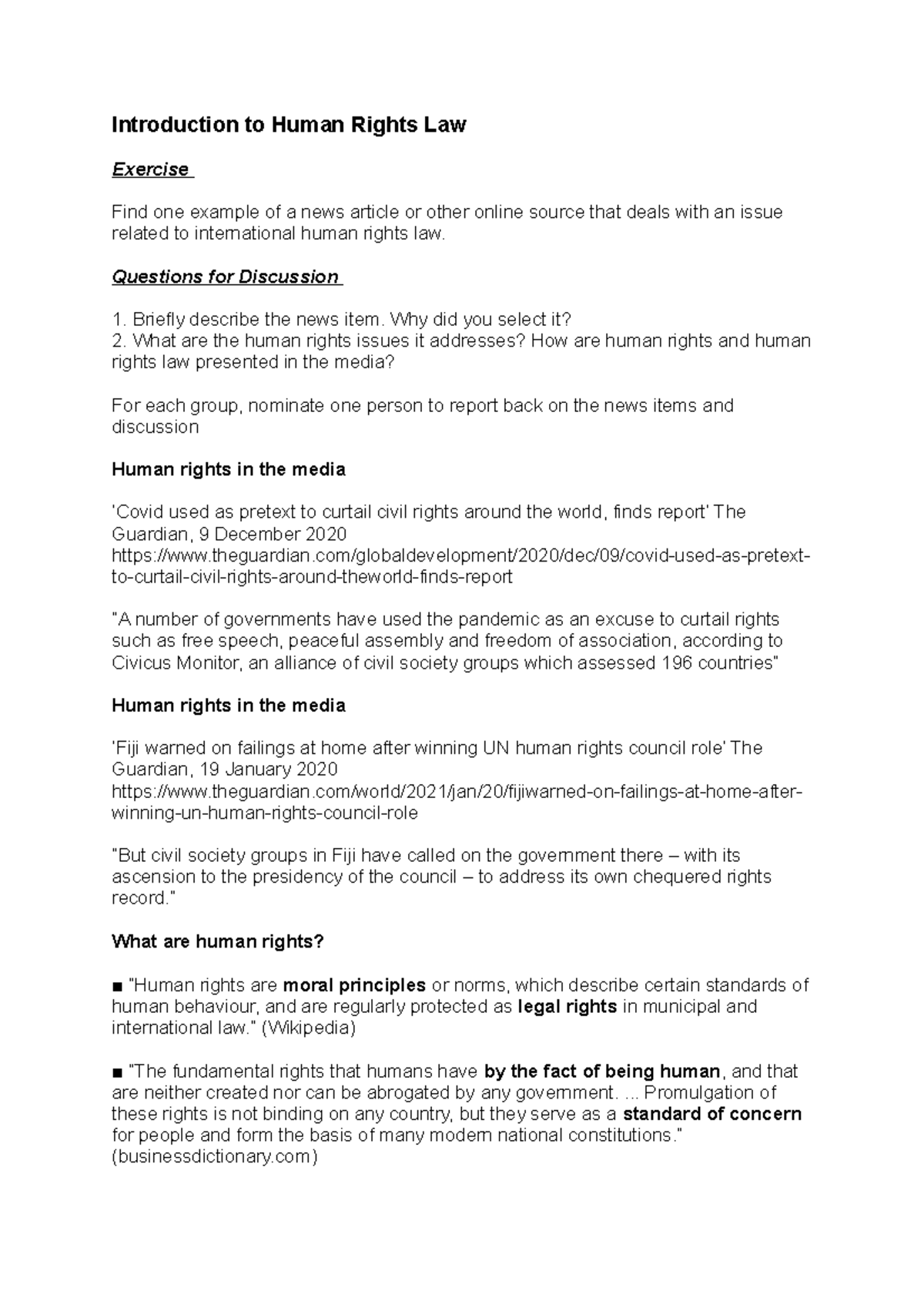 Introduction to Human Rights Law- Lecture One - Introduction to Human ...