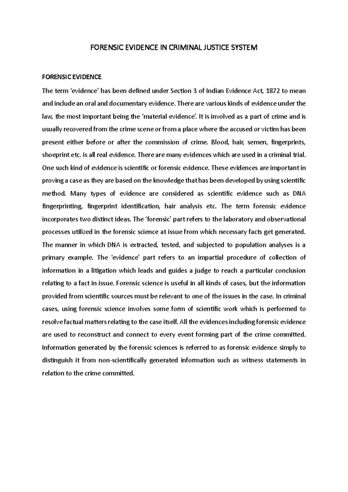 Forensic Evidence IN Criminal Justice System - FORENSIC EVIDENCE IN ...