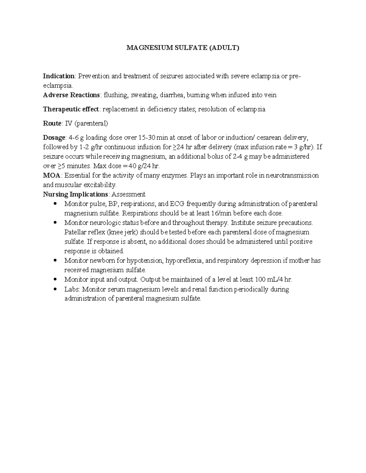 Maternal Newborn Clinical Drug Sheet - MAGNESIUM SULFATE (ADULT ...