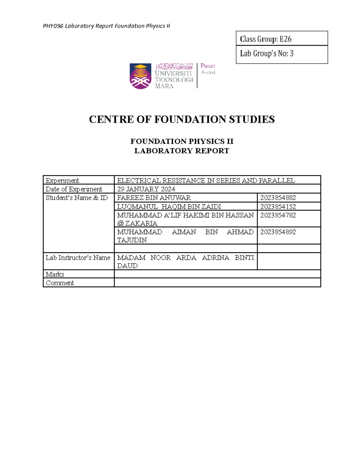 EXP 1 Group 3 - LAB REPORT - CENTRE OF FOUNDATION STUDIES FOUNDATION ...
