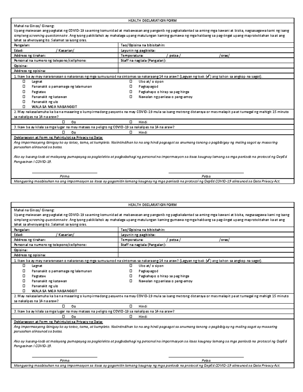 Health Declaration FORM edited - HEALTH DECLARATION FORM Mahal na Ginoo ...