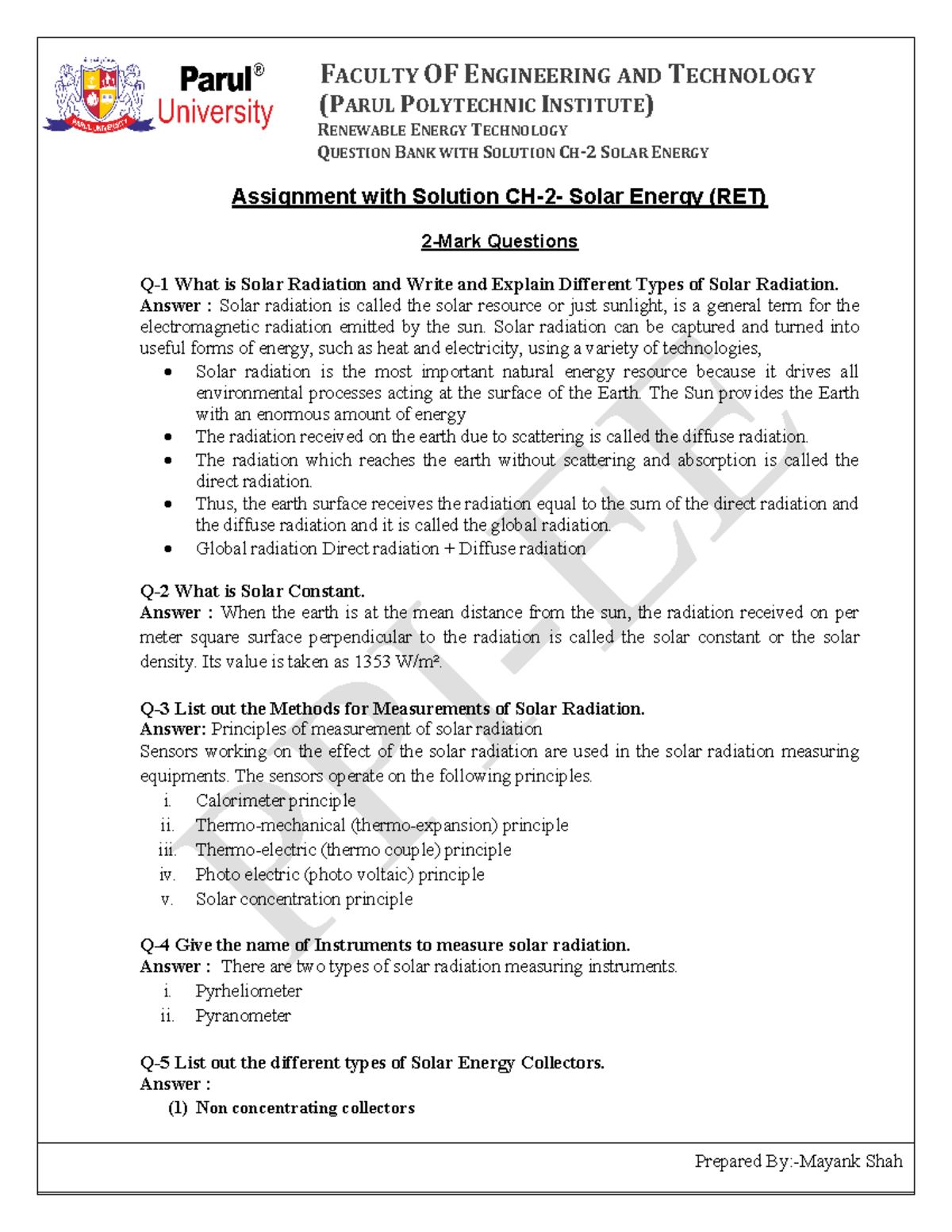 Chapter -2 Solar Question with Solution - (PARUL POLYTECHNIC INSTITUTE) RENEWABLE ENERGY ...