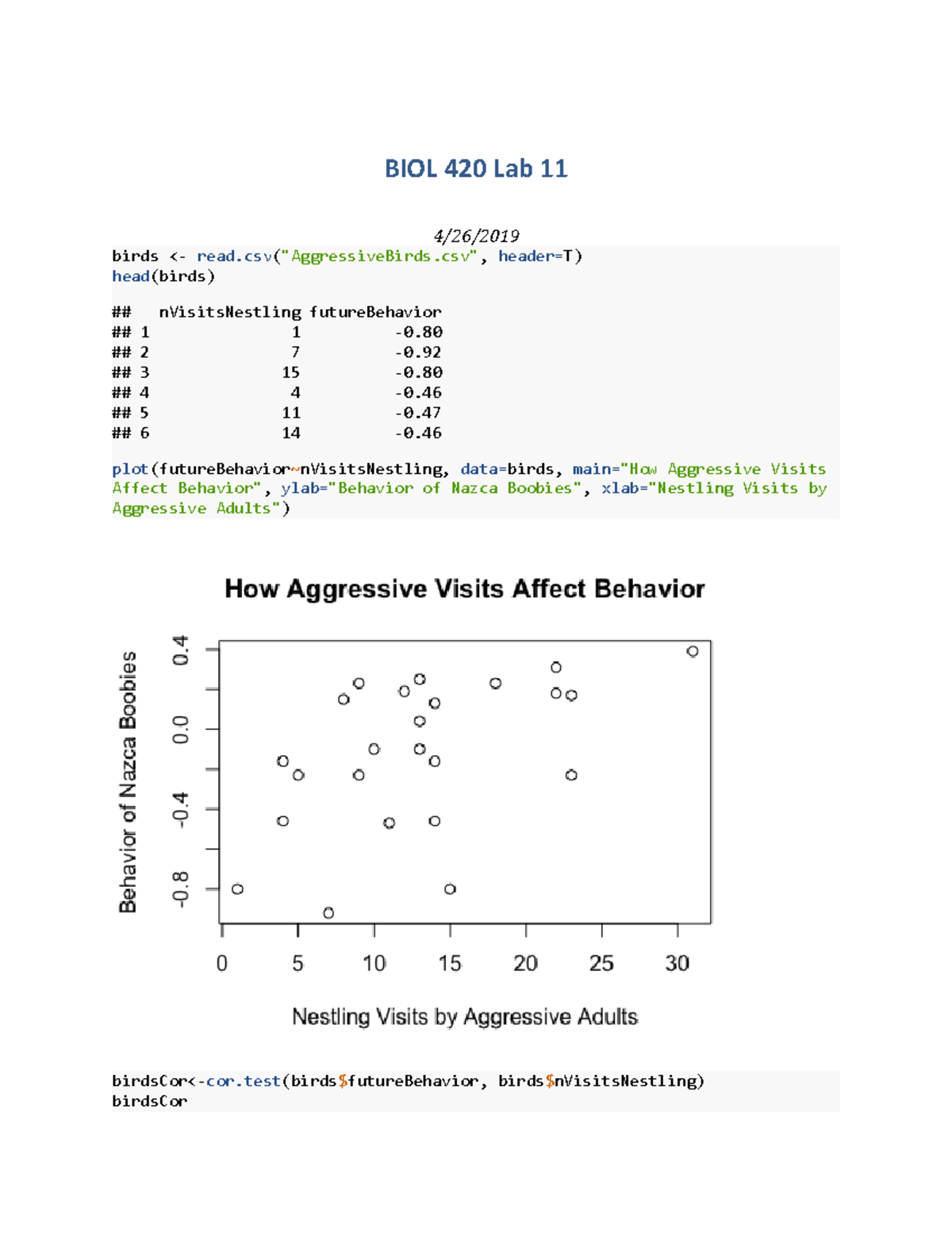 Lab 11 correlation regression - BIOL 420 Lab 11 4/26/ birds