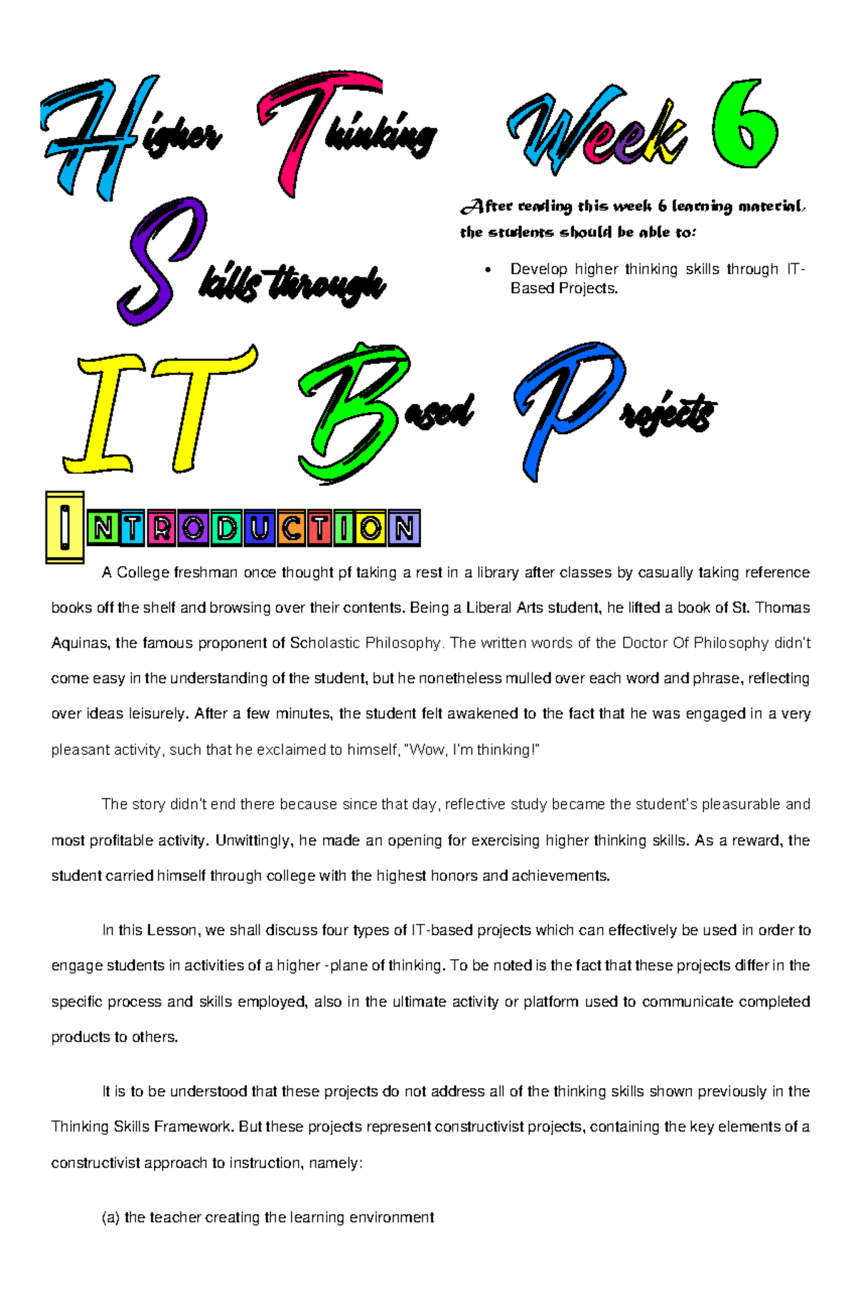 Week 6 LM (Higher Thinking Skills Through IT-Based Projects) - After ...