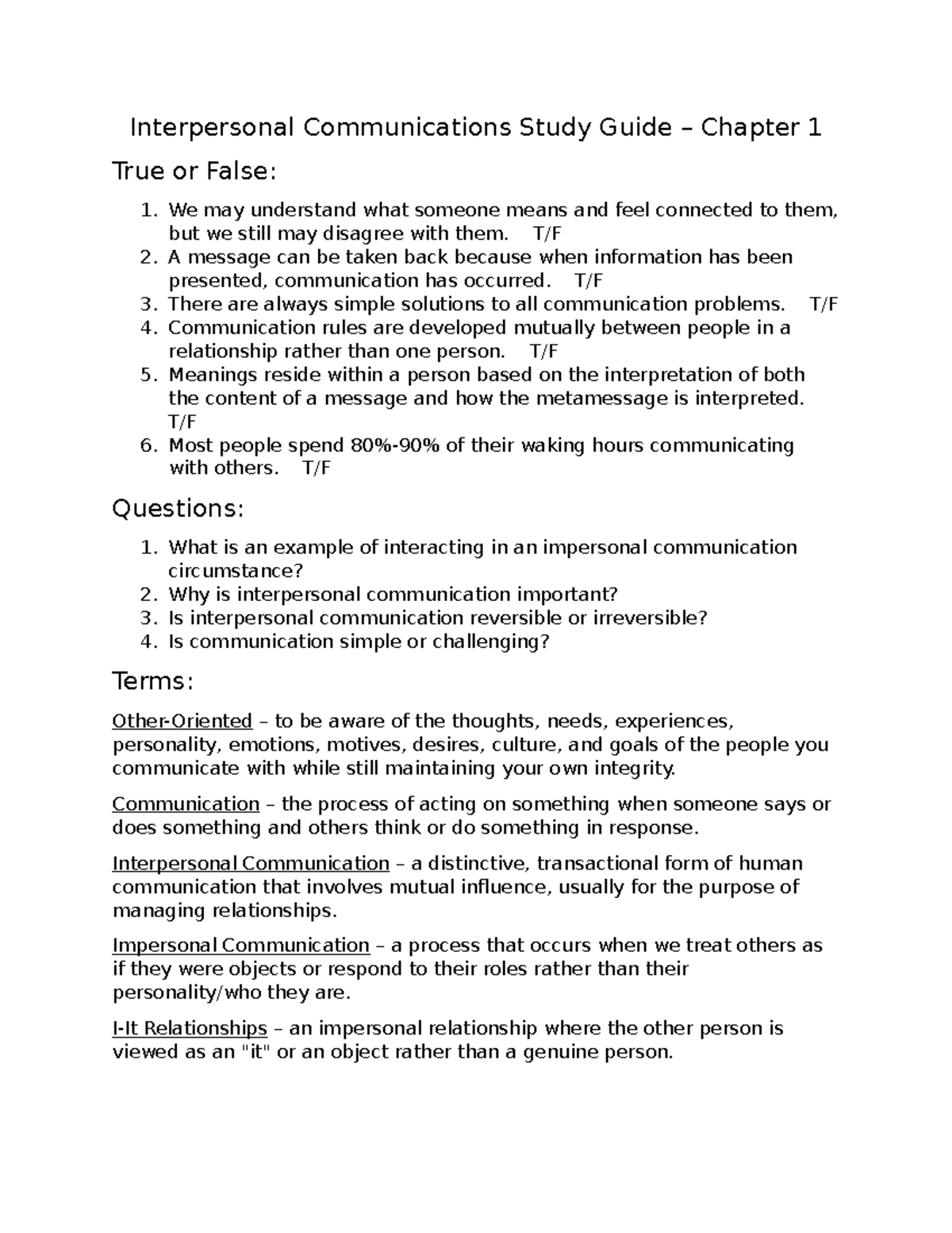 Interpersonal Communications Study Guide - Chapter 1 - T/F A message ...