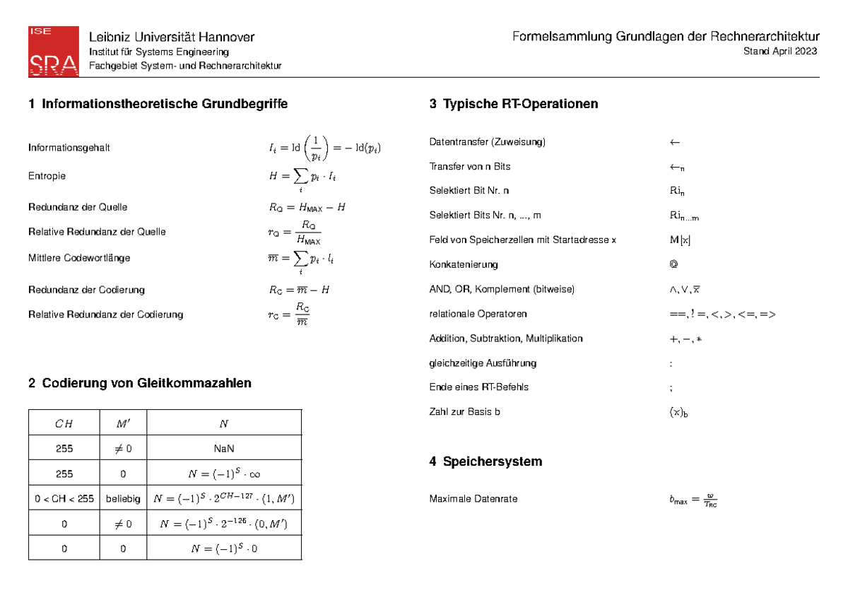 Formelsammlung - R - Leibniz Universität Hannover Institut für Systems ...