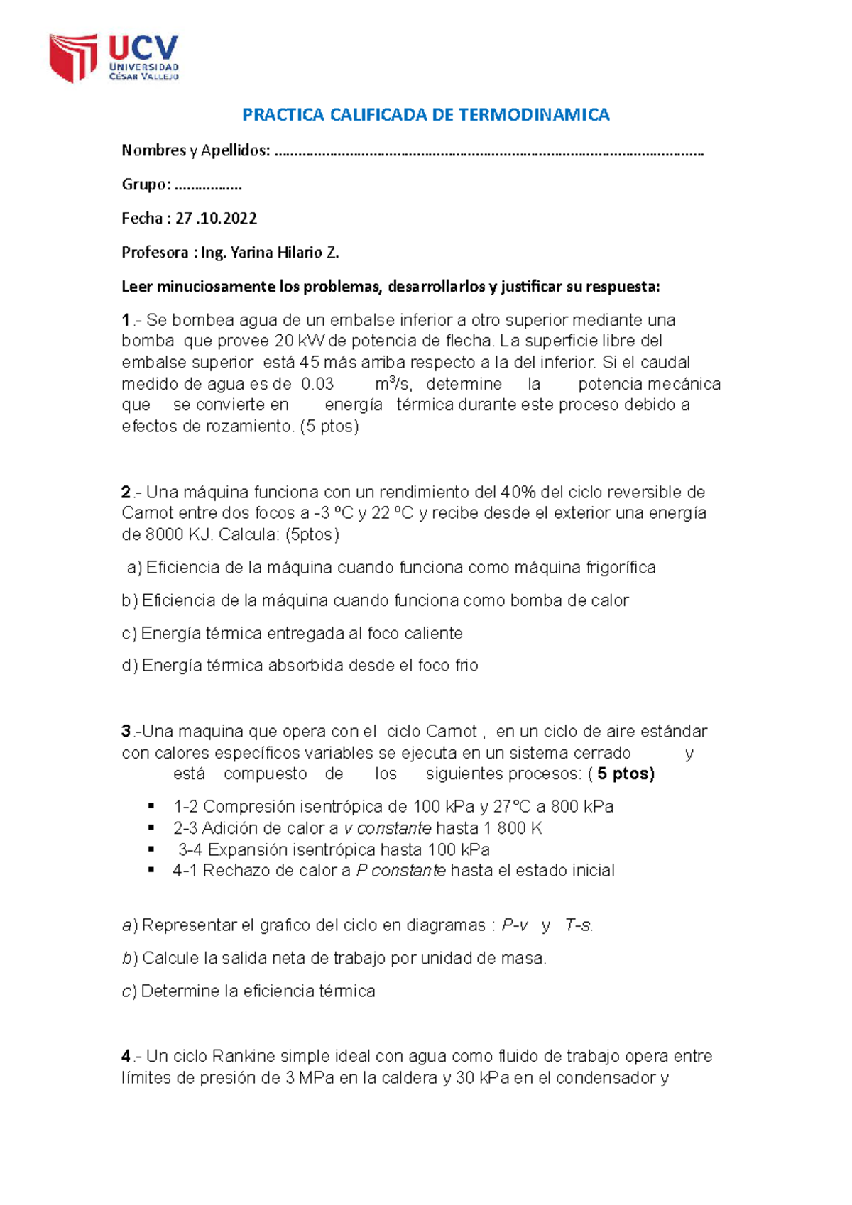 Practica Calificada DE Termodinamica (2da unid. UCV) - PRACTICA CALIFICADA DE TERMODINAMICA ...