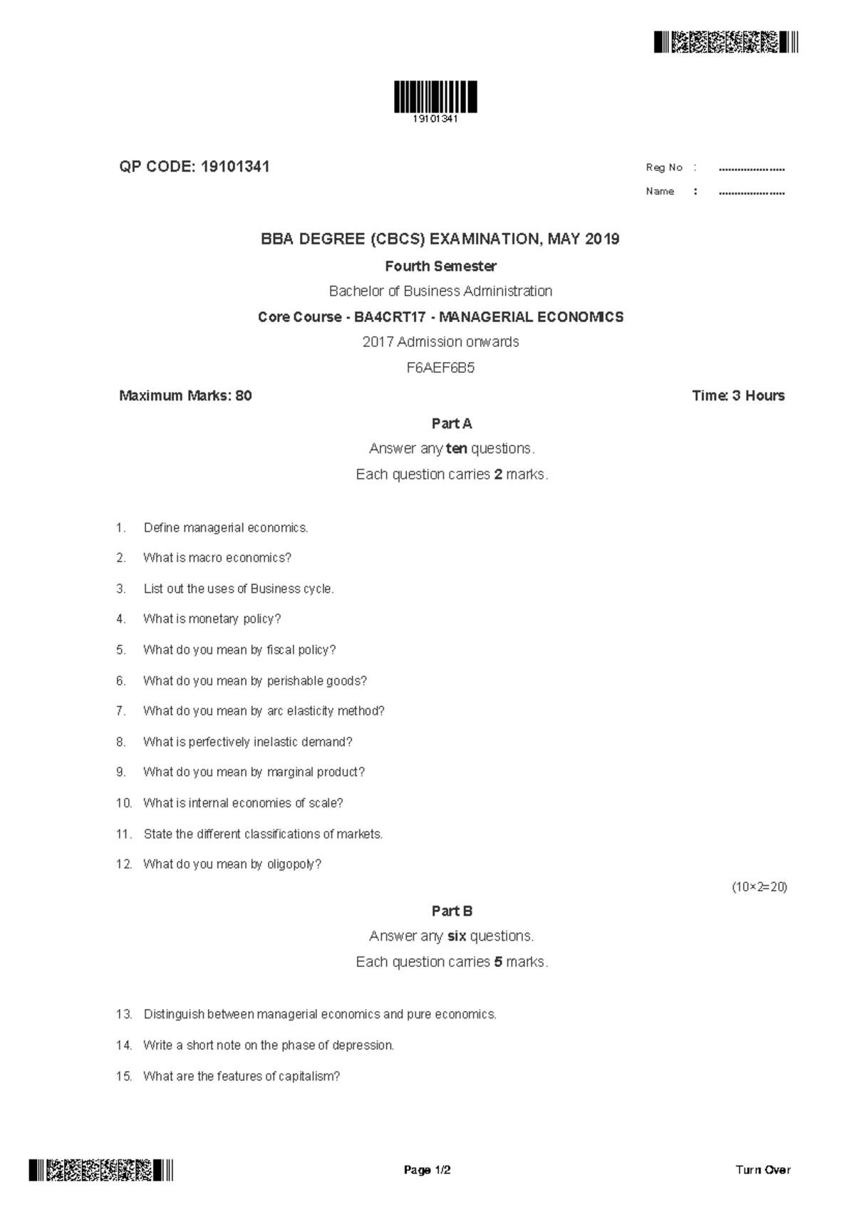 Managerial Economics Exam Paper revision - QP CODE: 19101341 Reg No