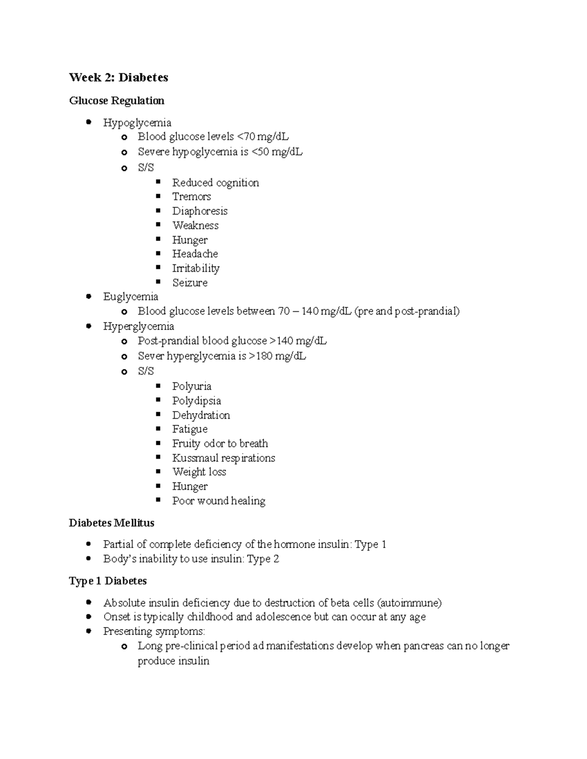 Wk 2, Diabetes - Lecture notes - Week 2: Diabetes Glucose Regulation ...