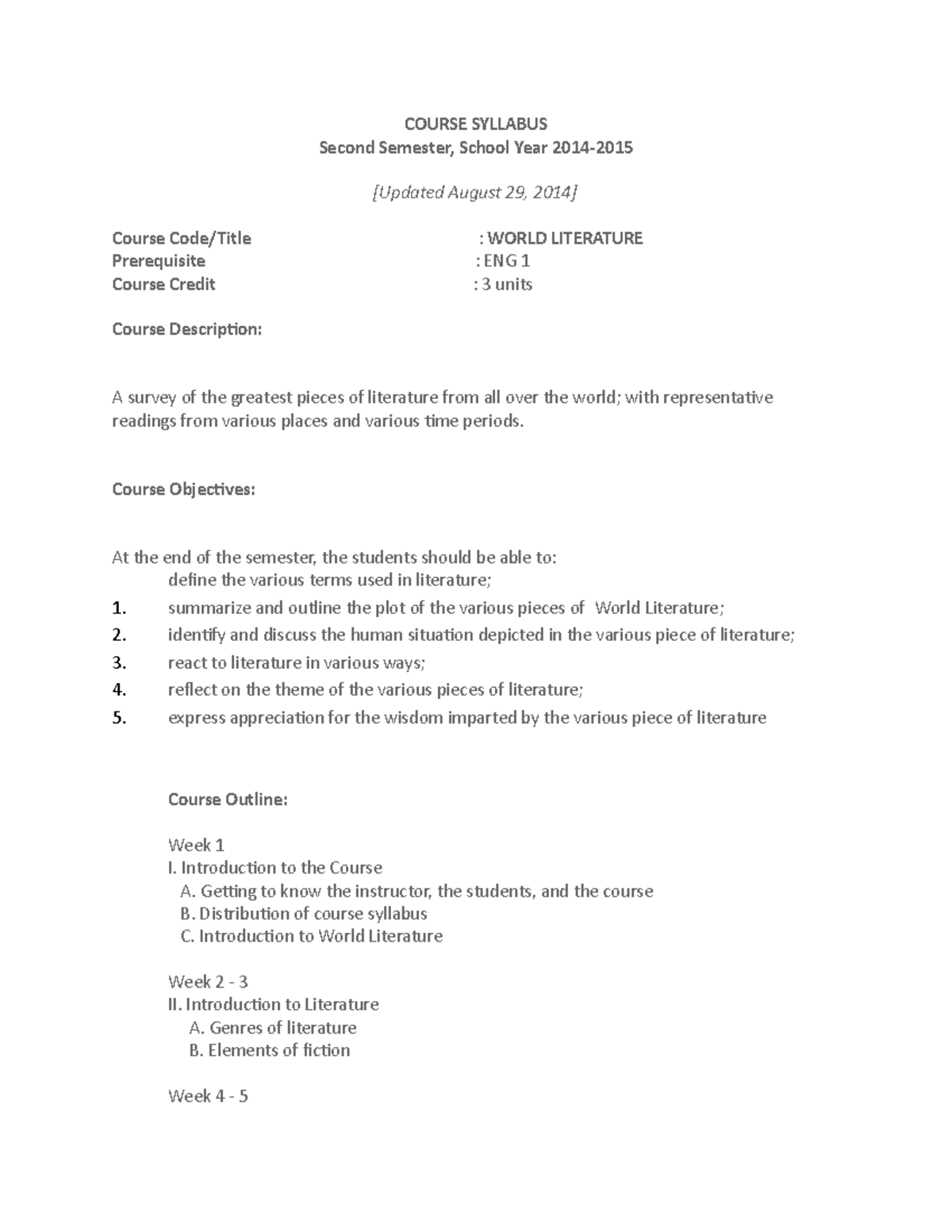 Course Syllabus World LIT - COURSE SYLLABUS Second Semester, School ...