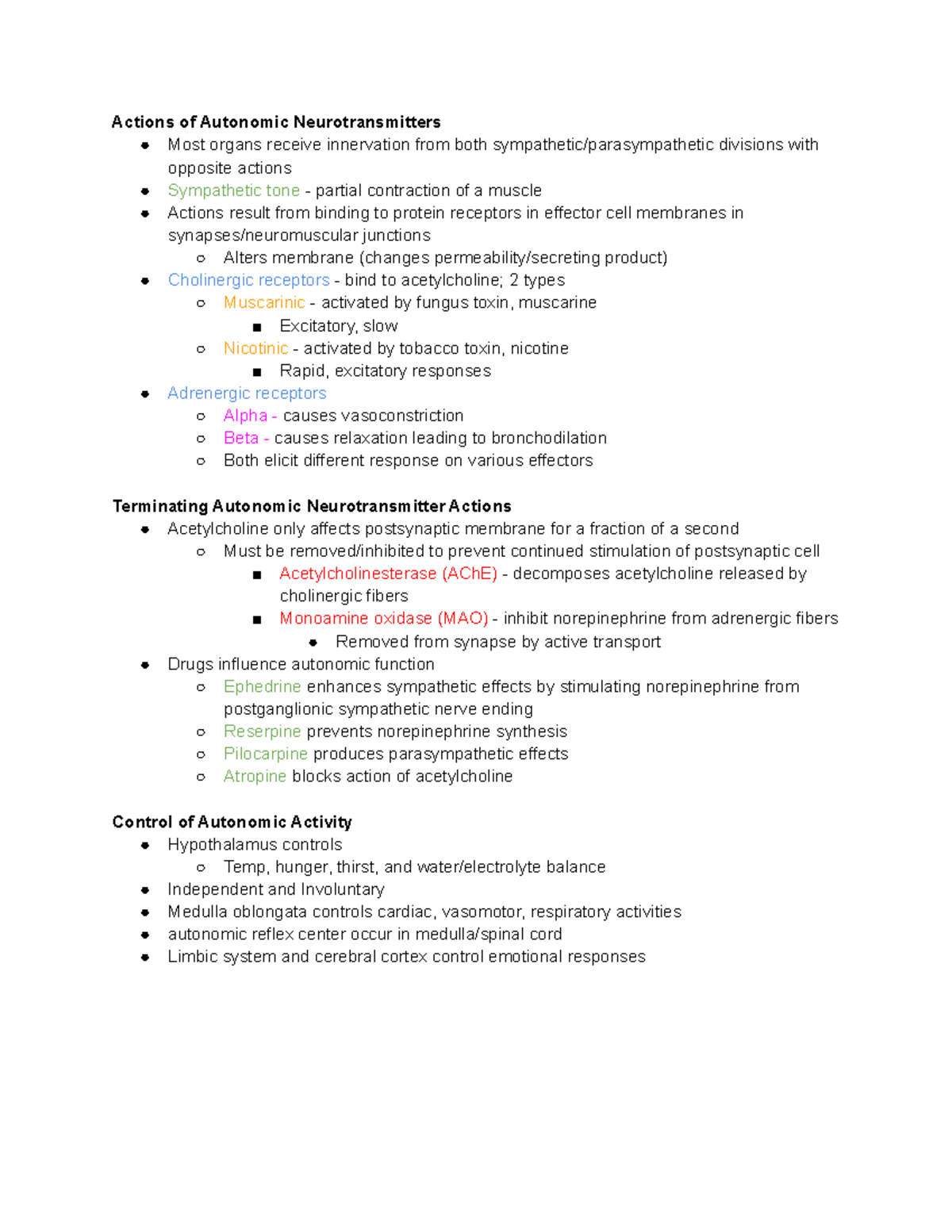 BISC 225 Notes 22-23 Part 5 - Actions of Autonomic Neurotransmitters ...