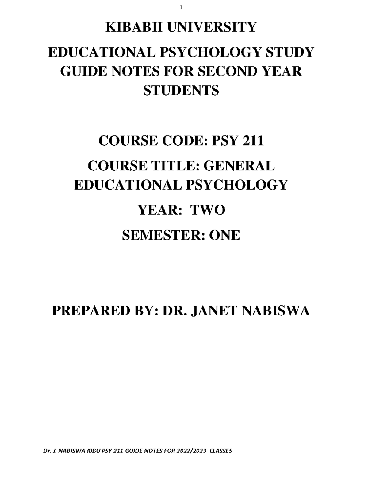 PSY 211 Guide Notes BY DR Nabiswa 2022-2023 Class - KIBABII UNIVERSITY ...
