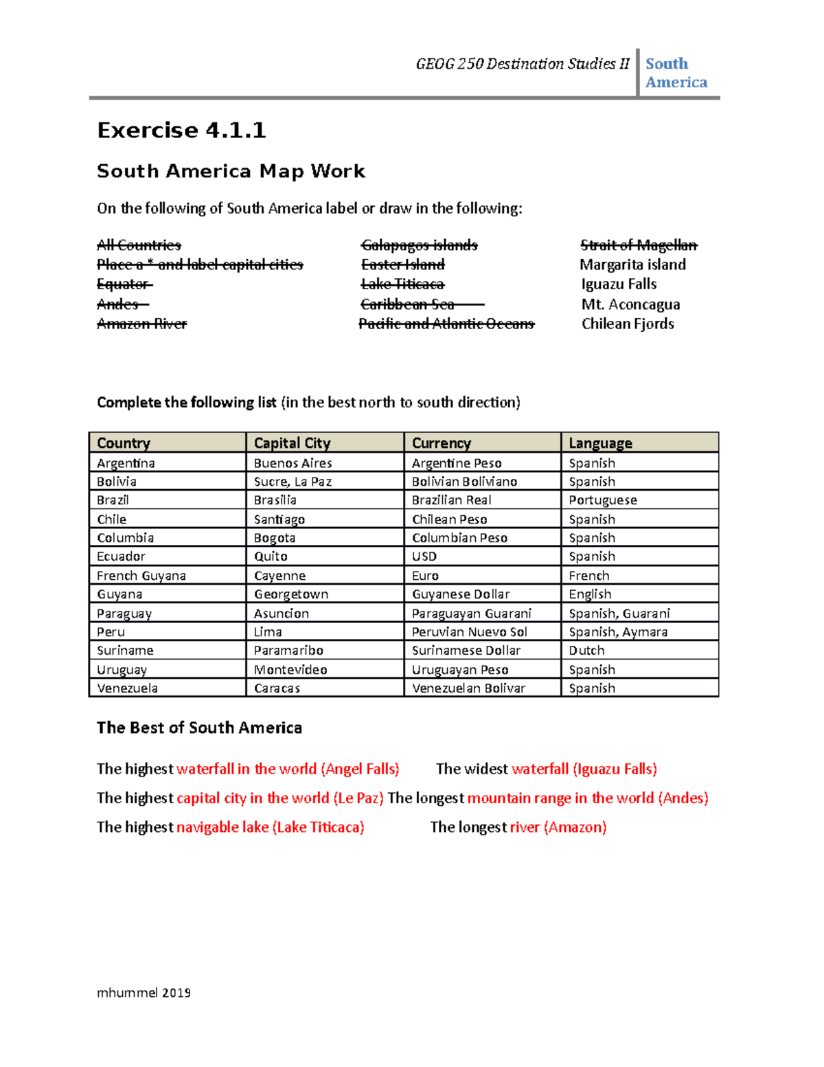 Exercise 4.1.1 South America Map Work - GEOG 250 - SAIT Polytechnic ...