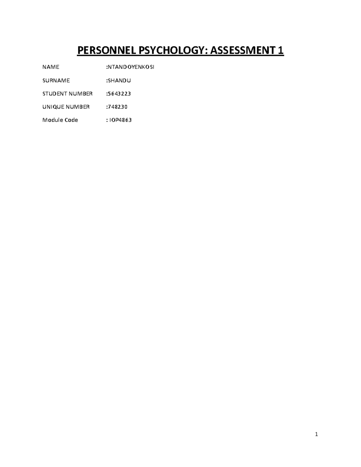 Personnel Psychology IOP4863 Assessment 1 - PERSONNEL PSYCHOLOGY ...