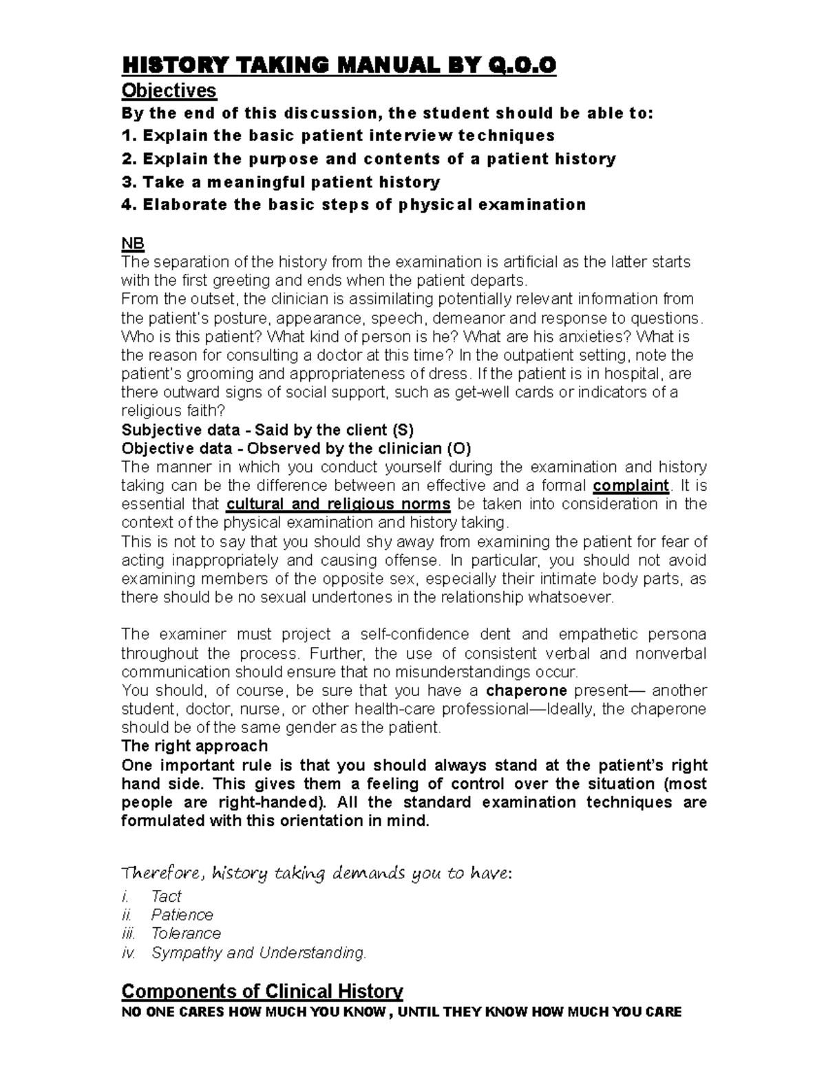 History Taking practice - Objectives By the end of this discussion, the ...