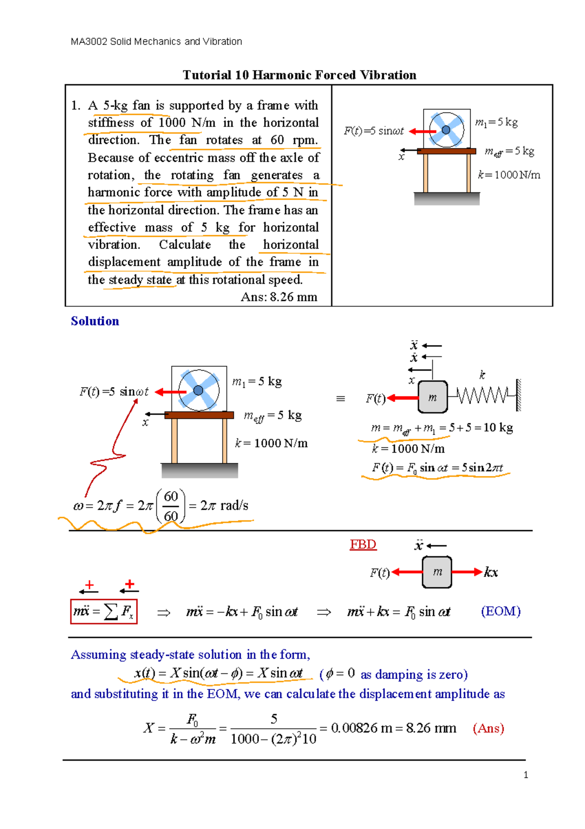Solution to Tutorial Problems Tutorial 10 - Tutorial 10 Harmonic Forced Vibration A 5-kg fan is ...