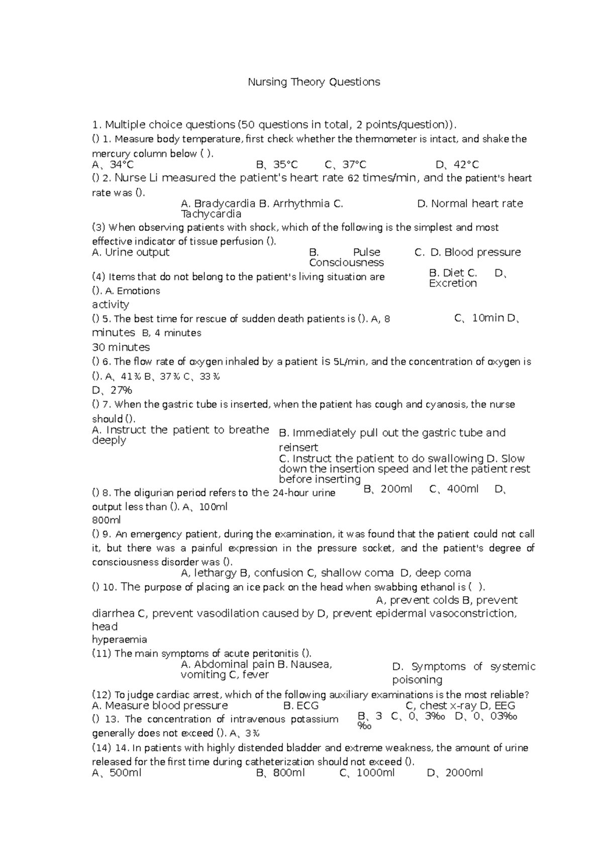 Nursing Theory Questions NURS221 - Nursing Theory Questions 1. Multiple ...