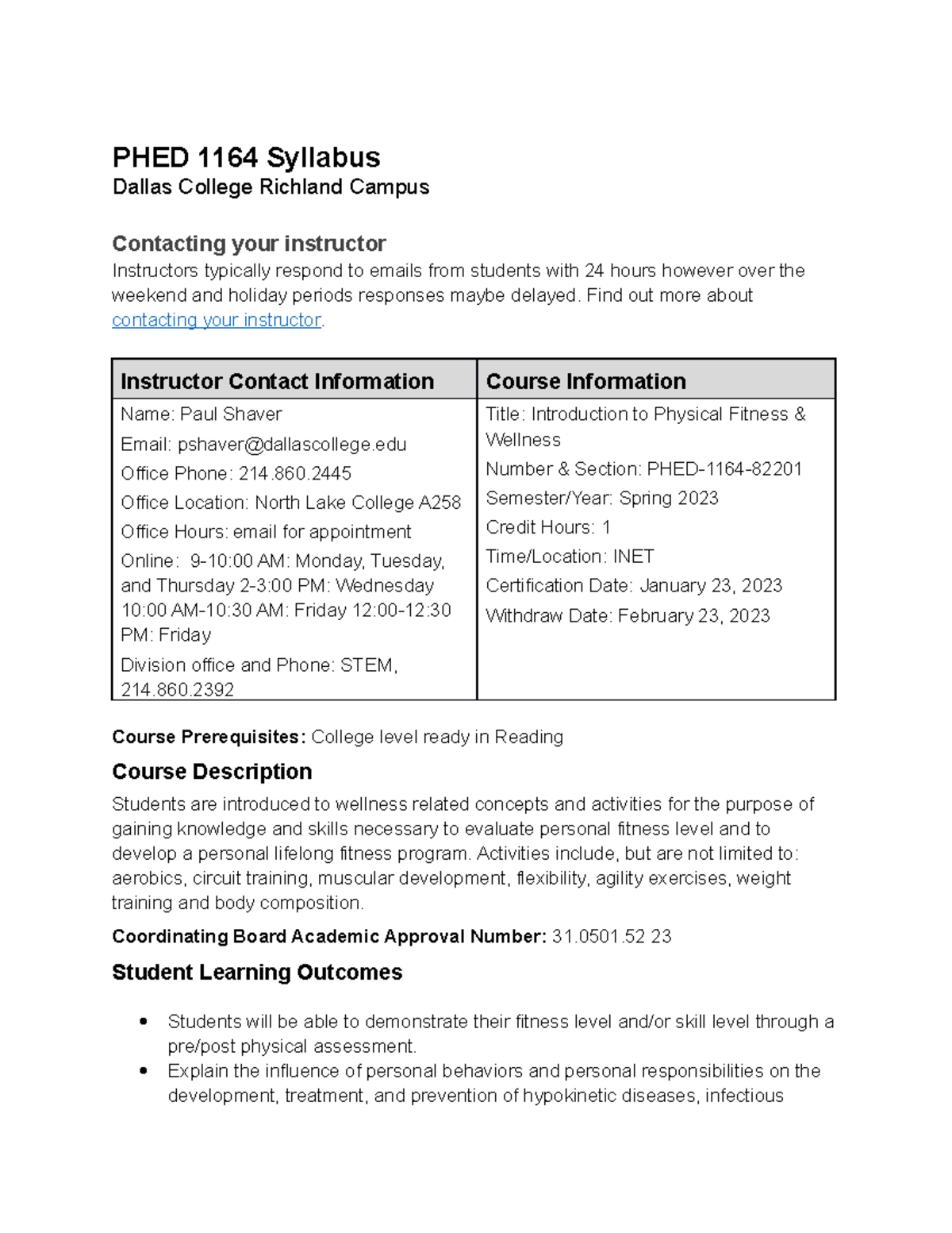 2023SP PHED 1164 82201 Syllabus 2 - PHED 1164 Syllabus Dallas College ...
