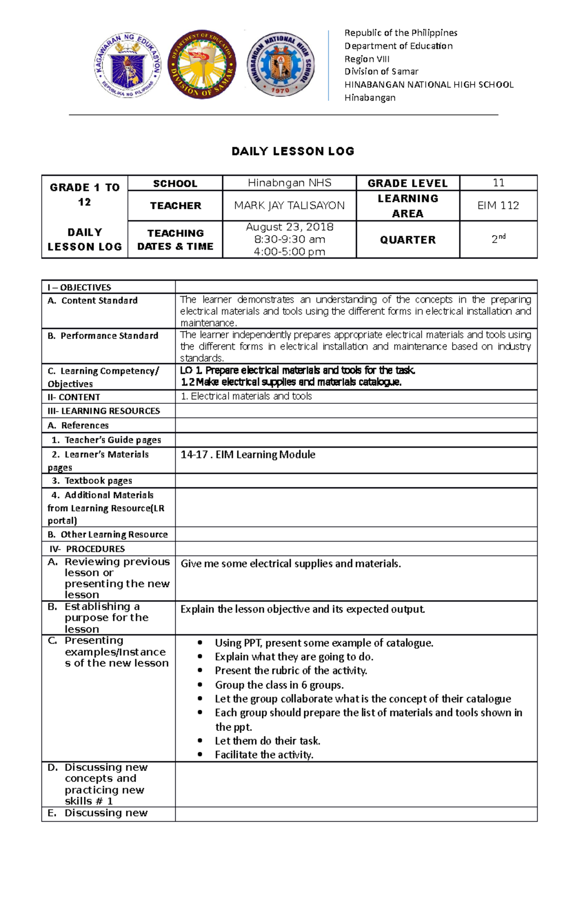 8 - daily lesson log - Republic of the Philippines Department of Education Region VIII Division ...