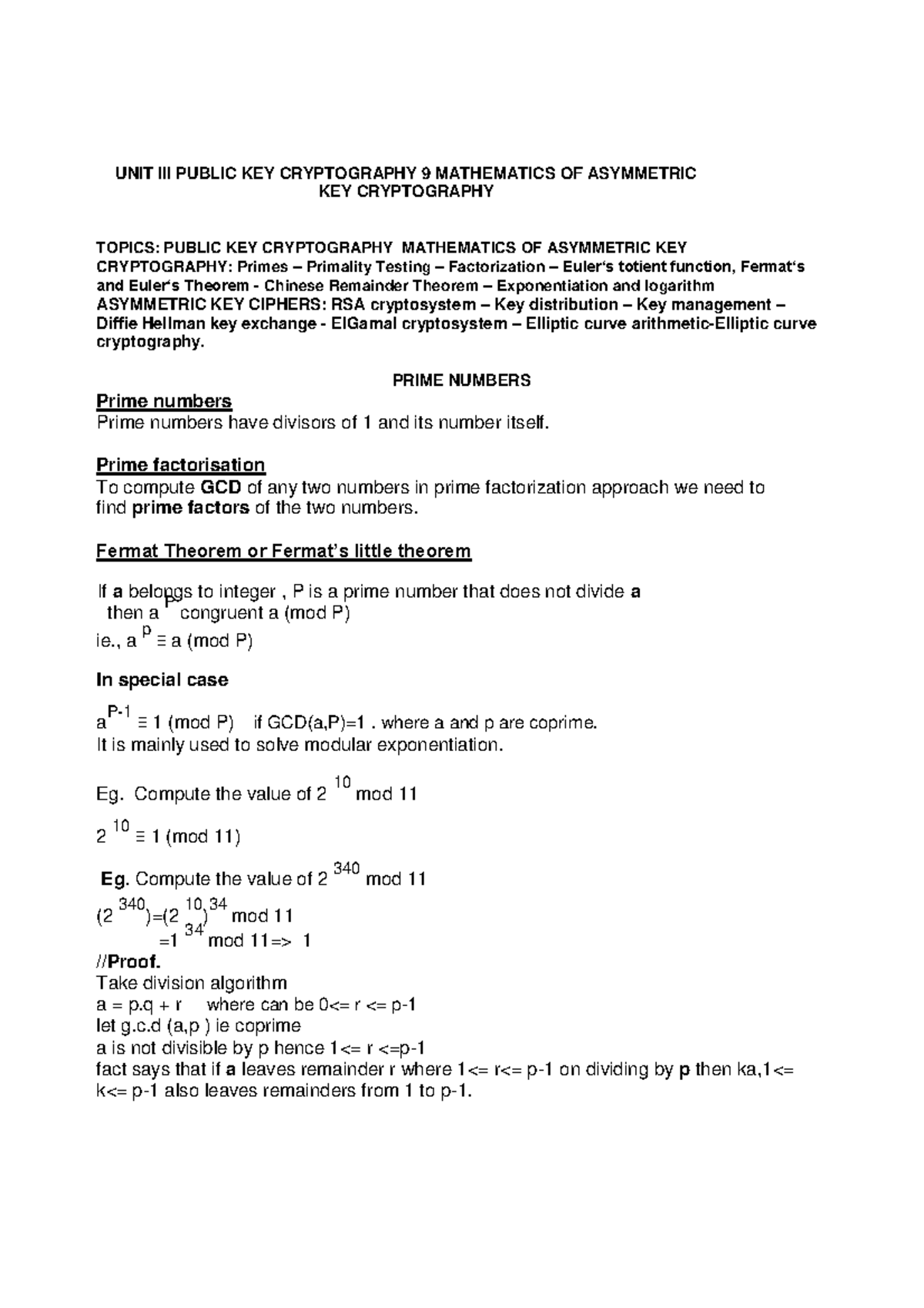 CNS UNIT 3 - sfgdfgdfgdfgdfg - UNIT III PUBLIC KEY CRYPTOGRAPHY 9 MATHEMATICS OF ASYMMETRIC KEY ...