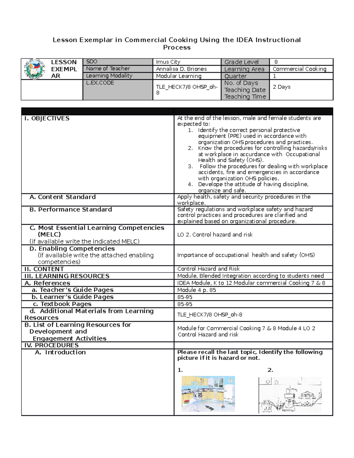 A. Briones LE Cookery 8 (LO2 Control Hazard AND RISK) - Lesson Exemplar ...