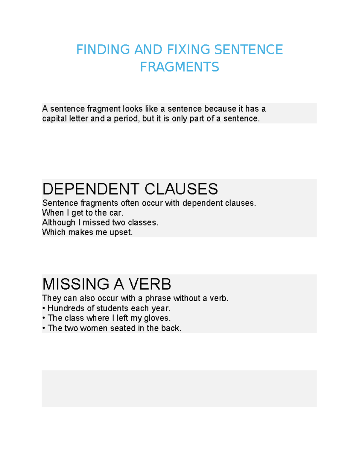 Document 20 - notes for chapter 2 quiz - FINDING AND FIXING SENTENCE ...