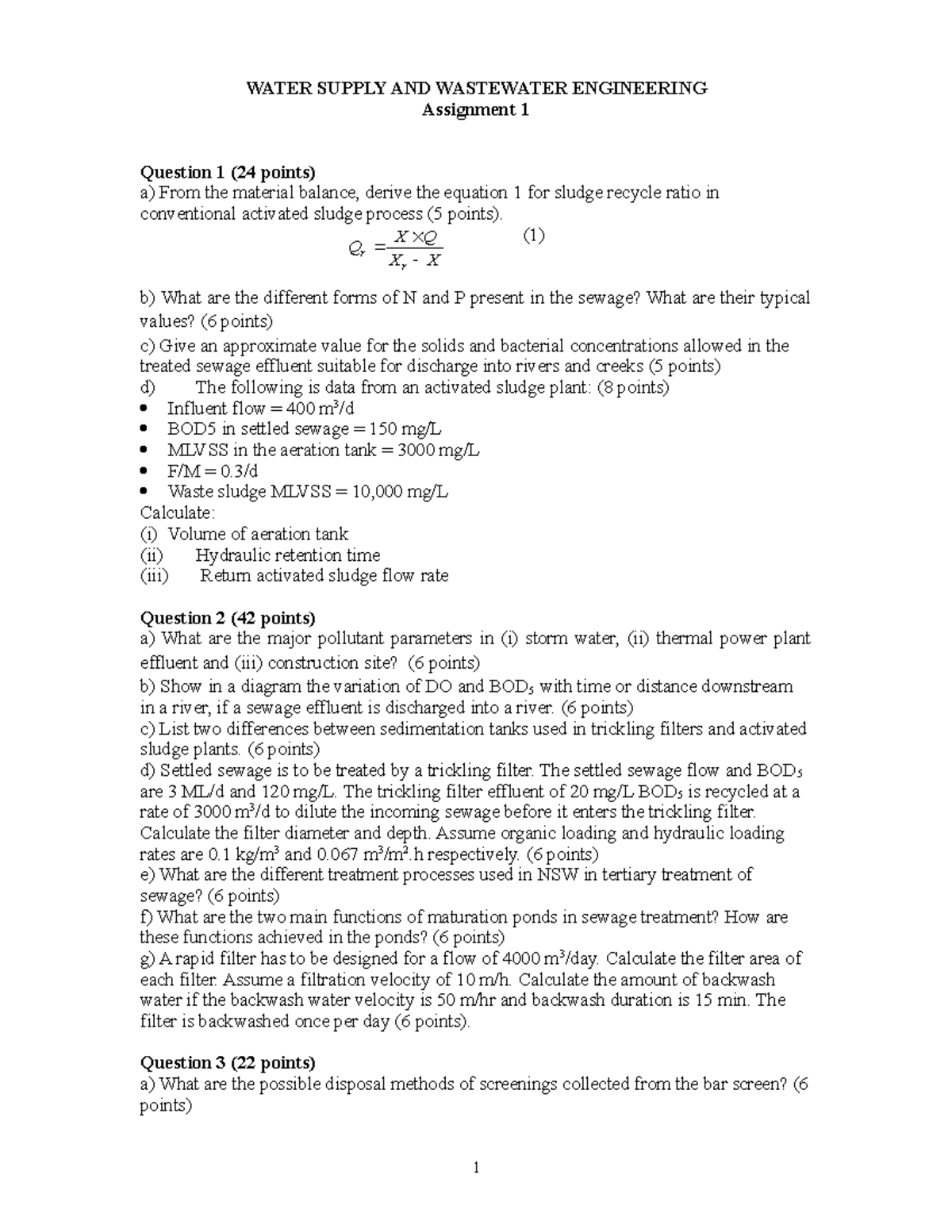 48840-Assignment 1 - Updated - WATER SUPPLY AND WASTEWATER ENGINEERING ...