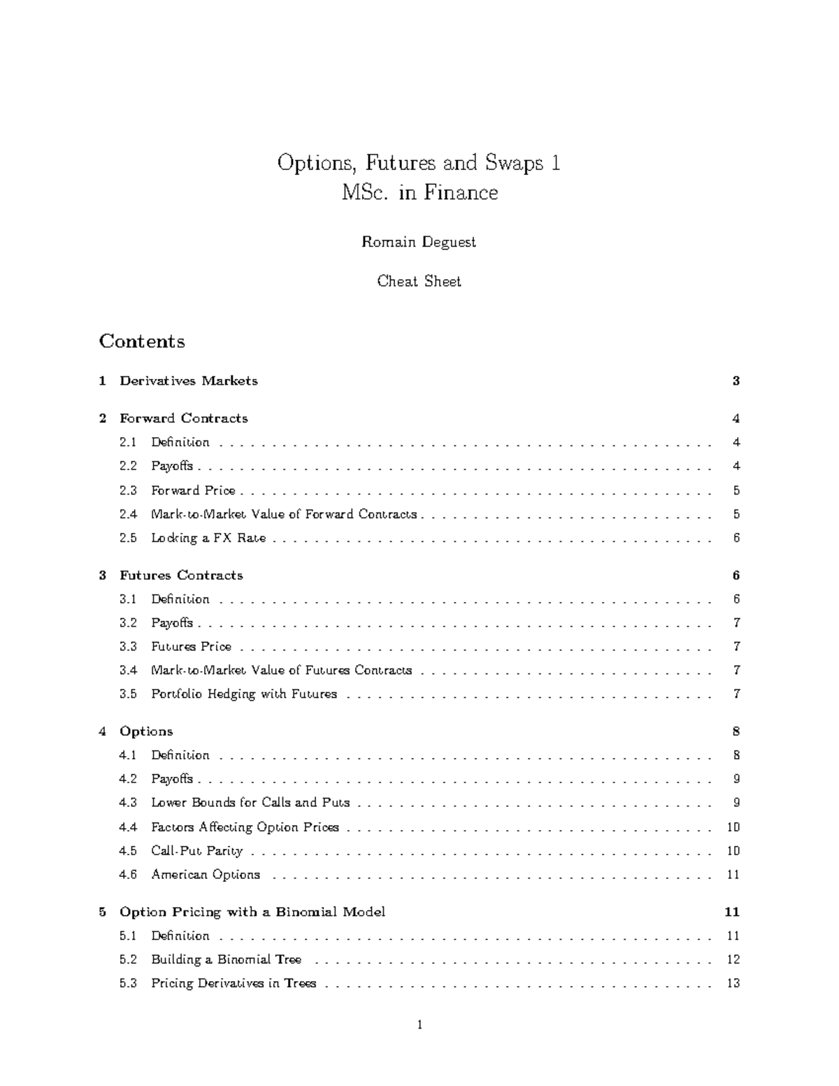 Cheat-Sheet of option futures and swaps - MSc. in Finance Romain ...
