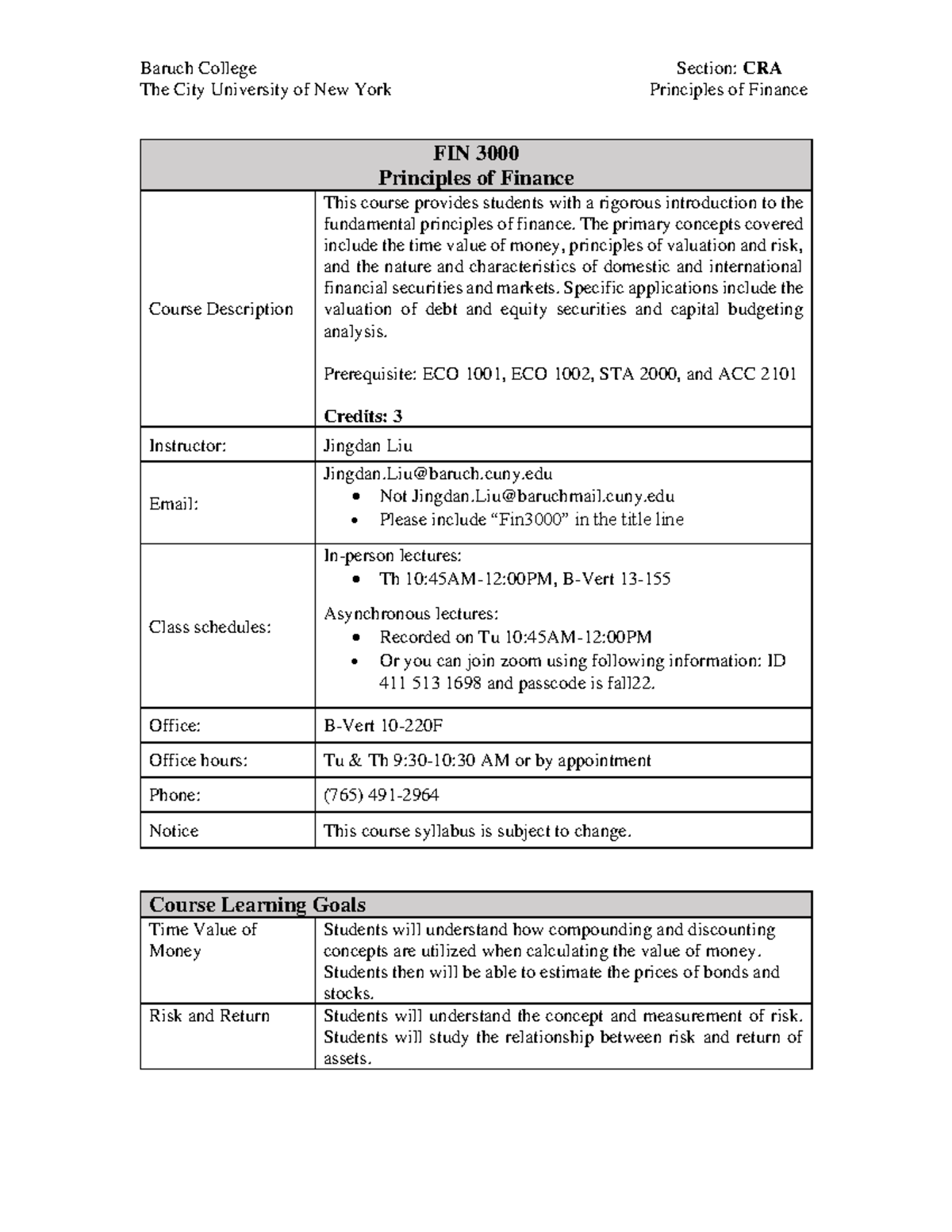 FIN 3000 Fall 2022 Syllabus - The City University of New York ...