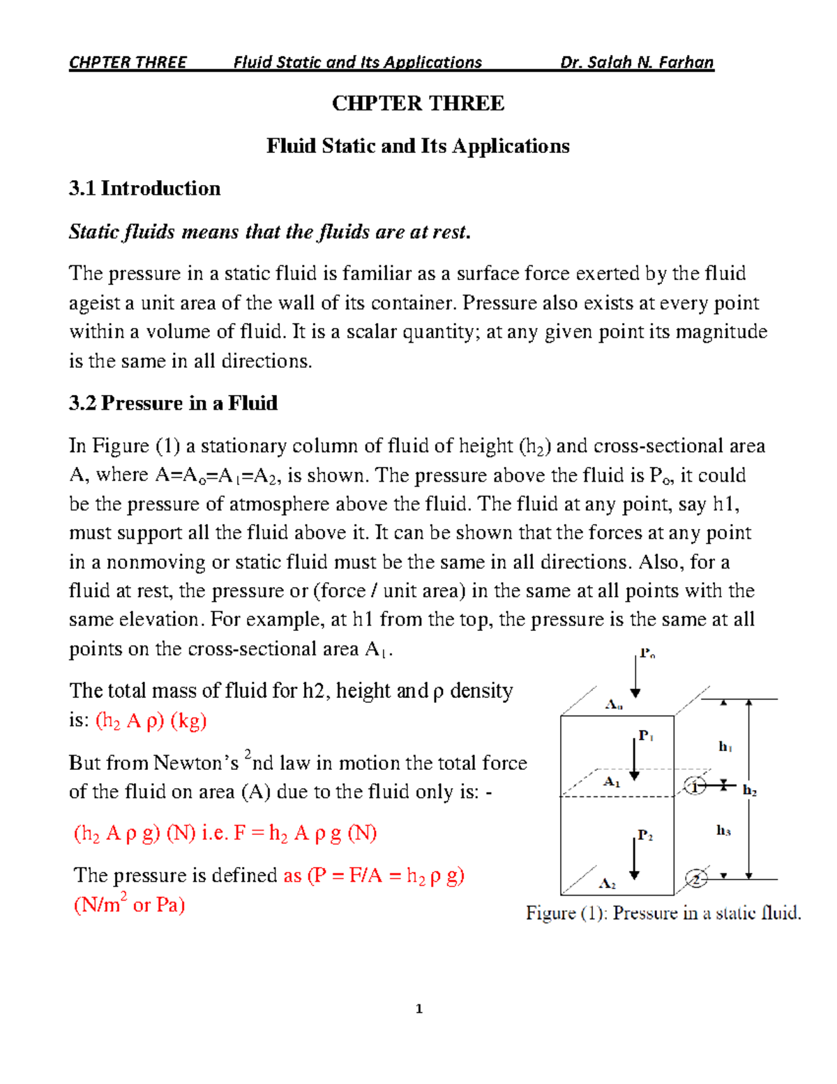 الفصل الثالث - fluid flow - CHPTER THREE Fluid Static and Its ...
