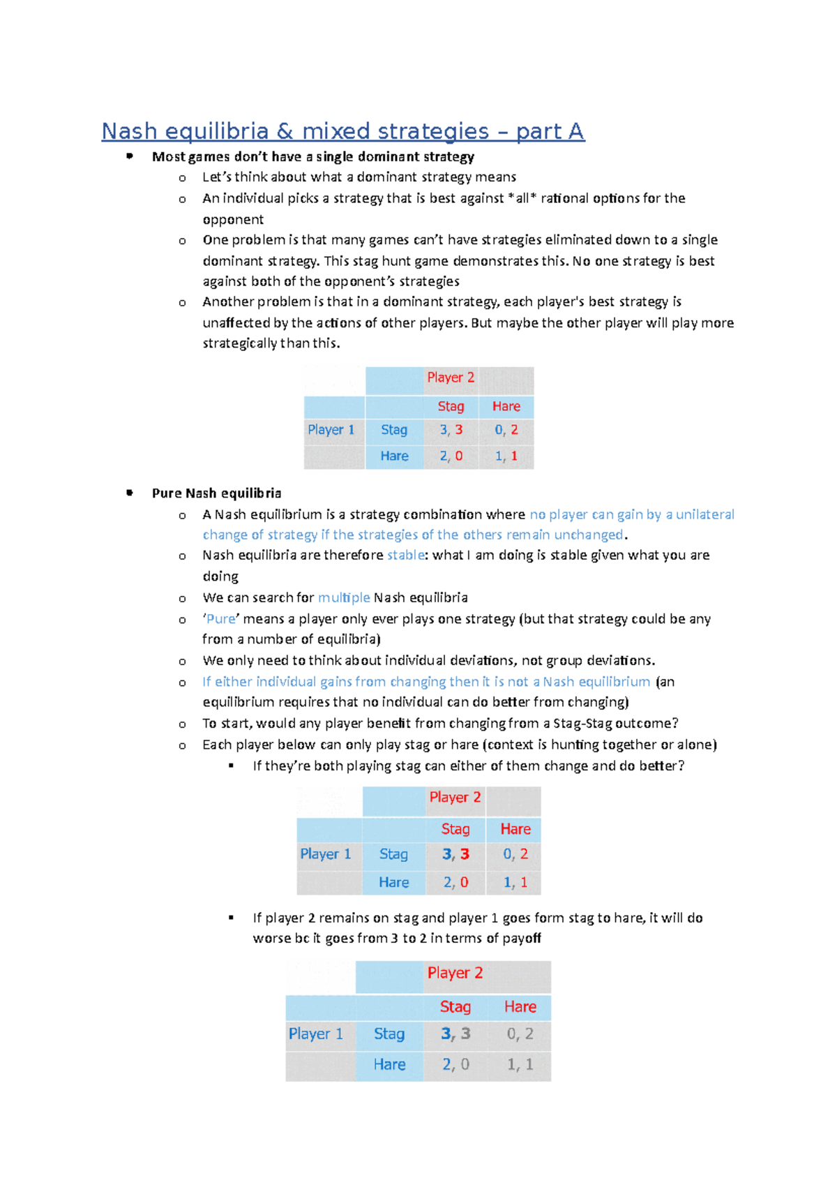 Nash equilibria and mixed strategies - This stag hunt game demonstrates ...